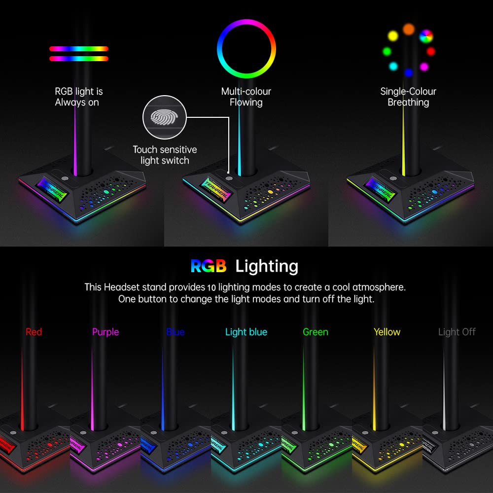 HOWLIWO RGB Stand for Gaming Headphone Headset, with 2 USB 2.0 Ports and 3.5mm AUX Port, Desk PC Game Earphone Accessories.