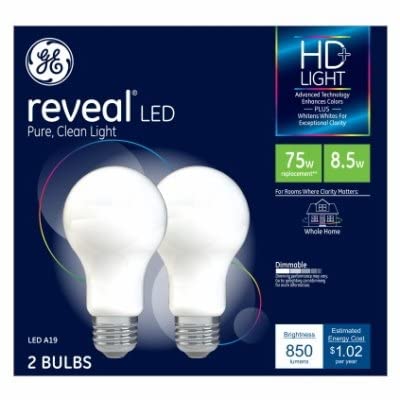 Ge Reveal led HD Light Pure 75w = 10.5w Clean Light Dimmable 2 Bulbs