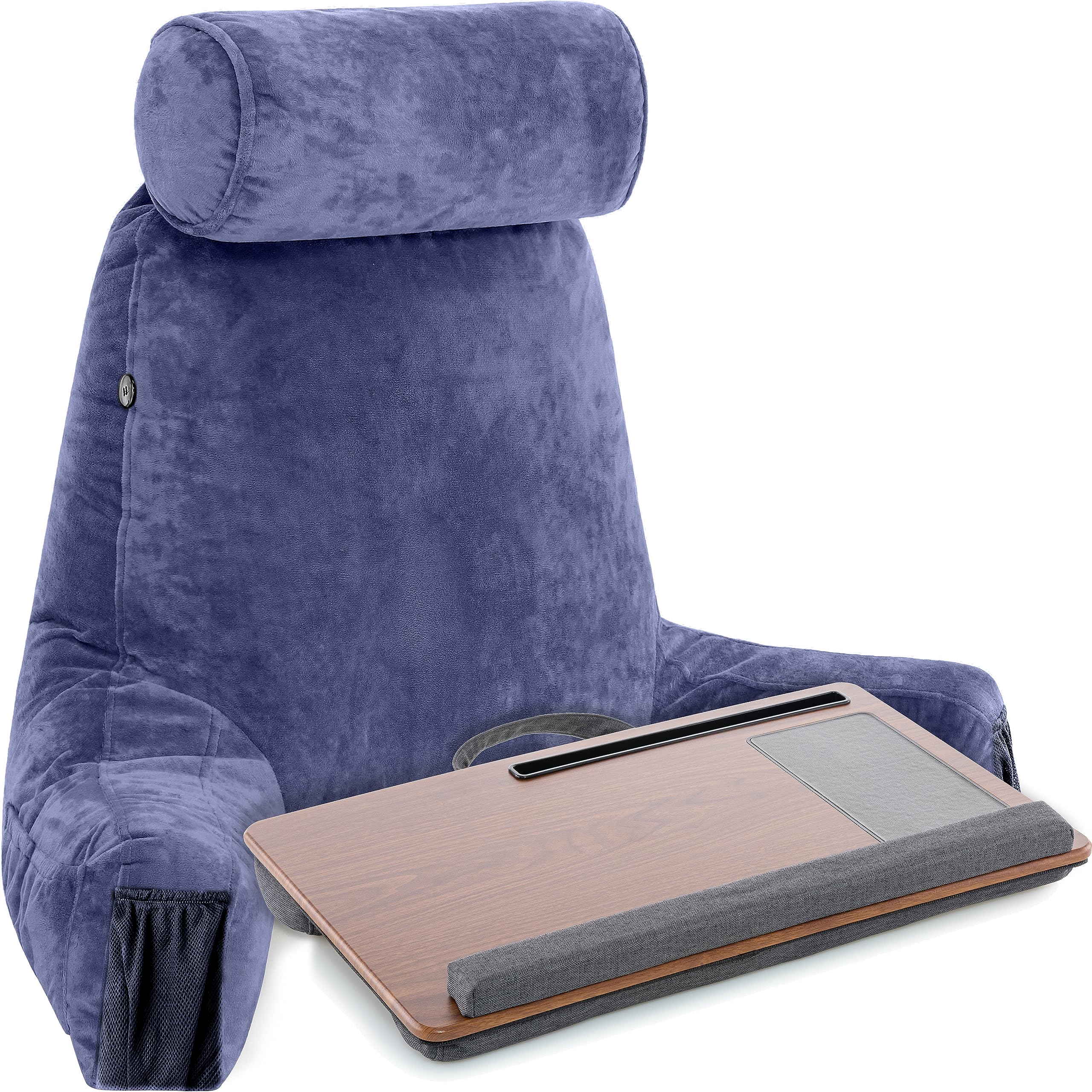 Husband Pillow Combo - Backrest Pillow with Arms : Medium Dark Blue & Foldable Laptop Tray : Brown - Memory Foam Reading Pillows for Bed w/Removable Neck Roll & Laptop Bed Tray Table
