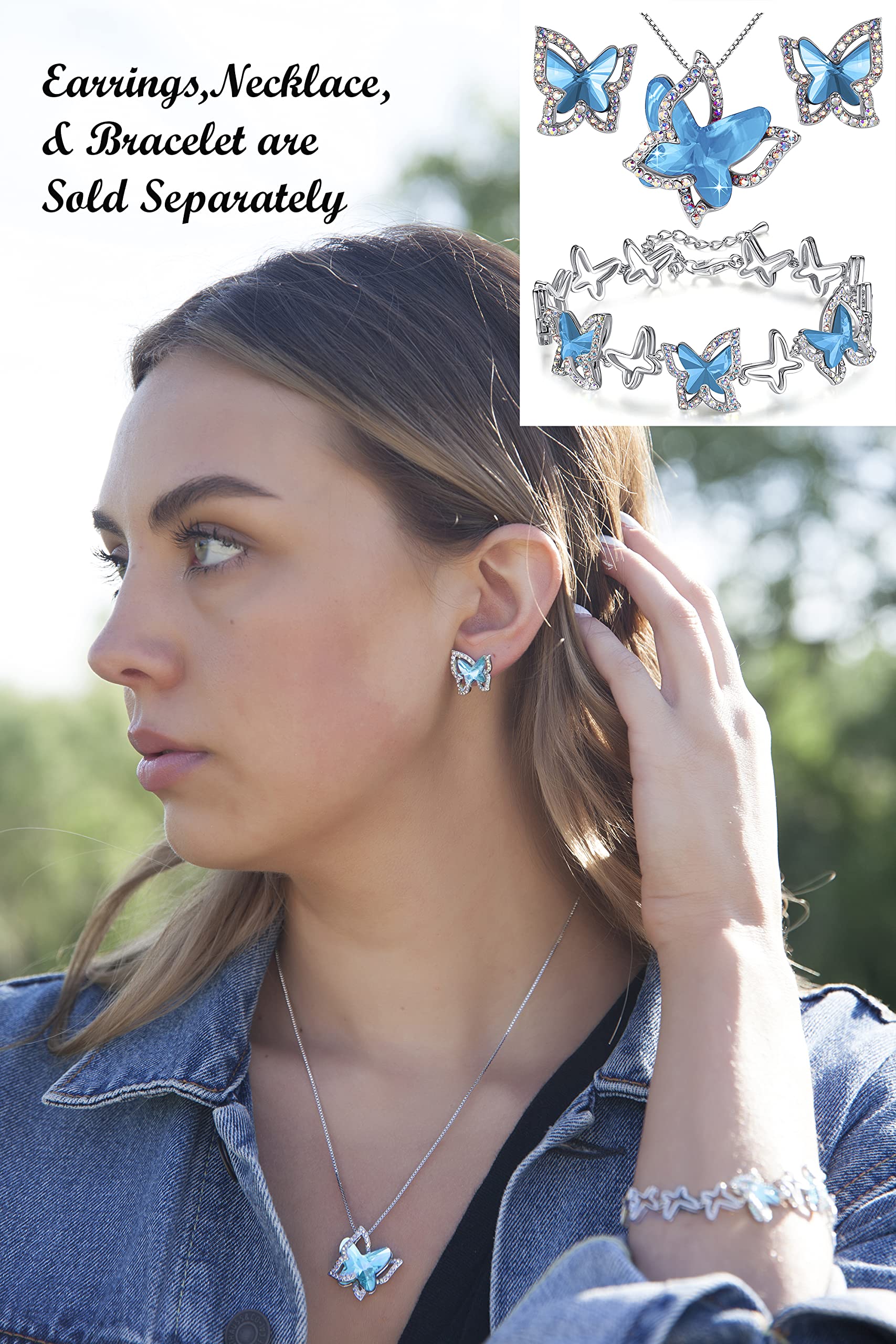 GEMMANCE Butterfly Crystal Necklace with Aquamarine Blue Birthstone for March and December, Silver-Tone, 18β+2β Chain