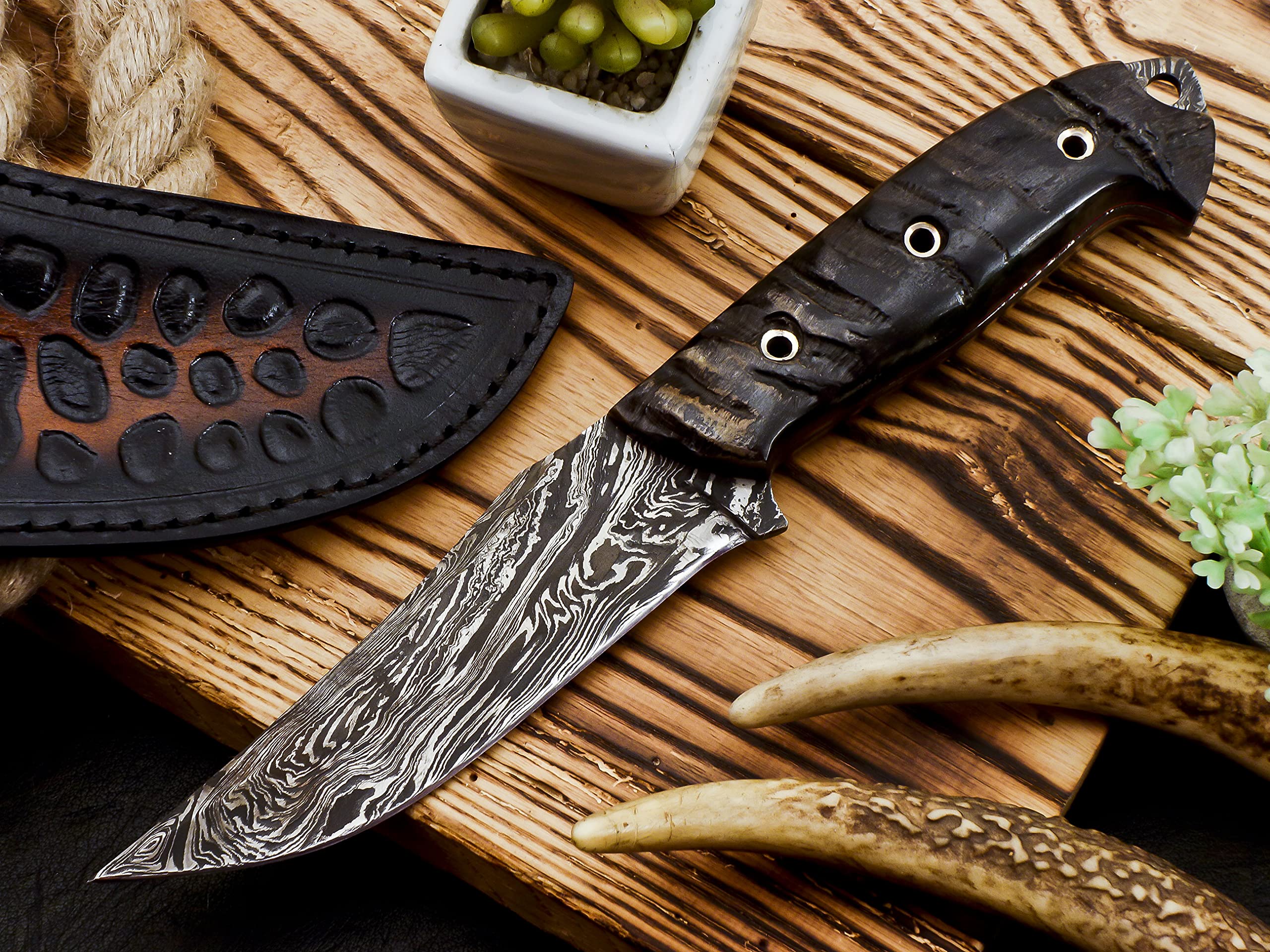 Handmade Damascus Hunting Knife with Sheath for Belt – 10 inches Fixed Blade full tang 1095 steel knife with Sheep Horn Handle