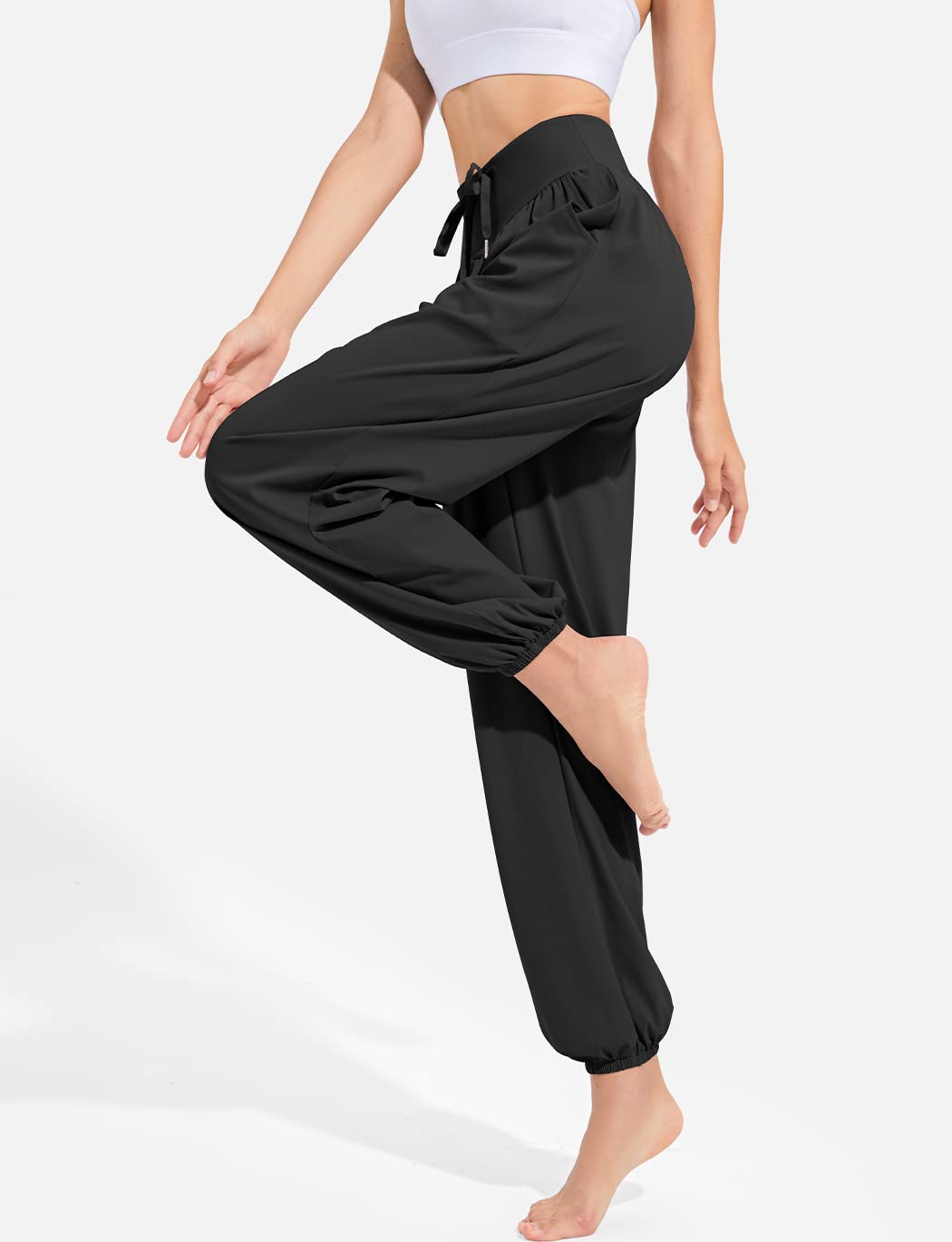 Haellun Women's Drawstring Yoga Joggers Harem Pants Loose Workout Sweatpants Lounge Pants with Pockets(Black,M)