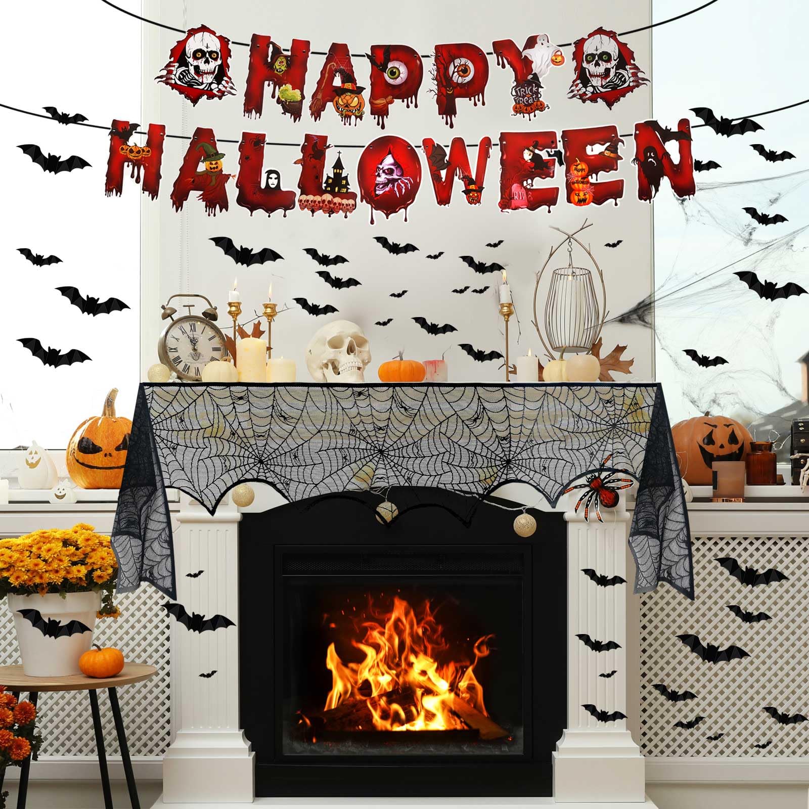 Halloween Decorations Indoor Set, 52pcs Halloween Party Decorations, Halloween 3D Bats & Spiderweb Table Runner & Cobweb Fireplace Mantel Scarf & Spooky Happy Halloween Banner for Home Indoor Decor