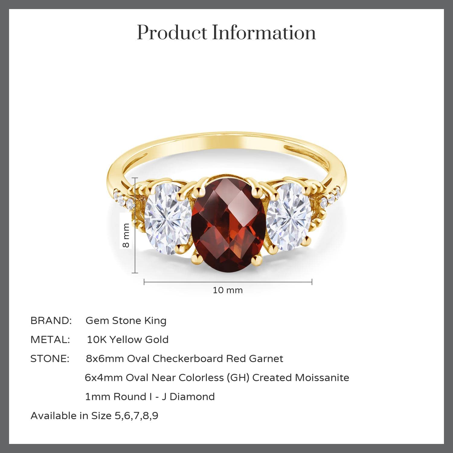 Gem Stone King 10K Yellow Gold Red Garnet White Moissanite and Diamond Accent 3-Stone Engagement Ring For Women | 2.58 Cttw | Gemstone Birthstone | Size 5,6,7,8,9