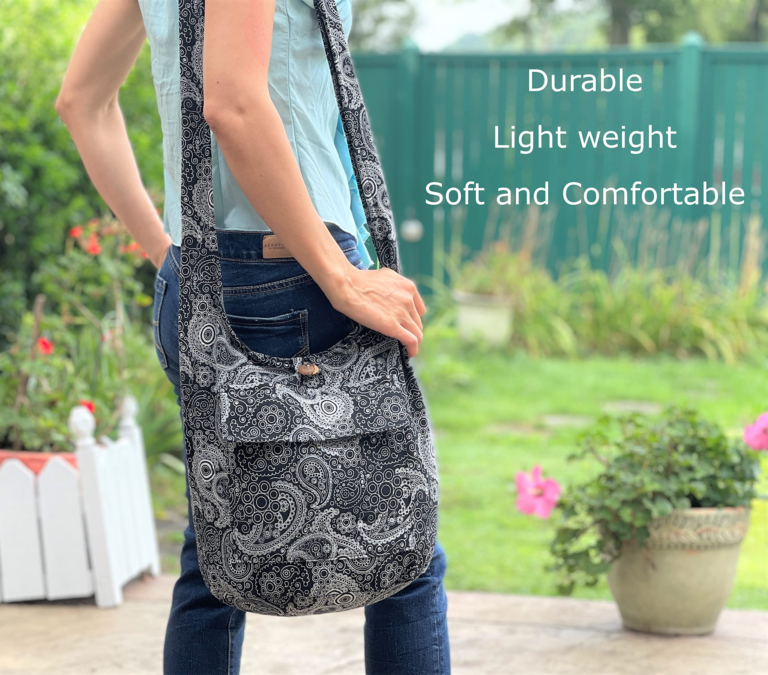 Handmade Paisley Sling Bag Fully Lined - Hippie Hobo Hipster Crossbody with Front Pocket (Black)