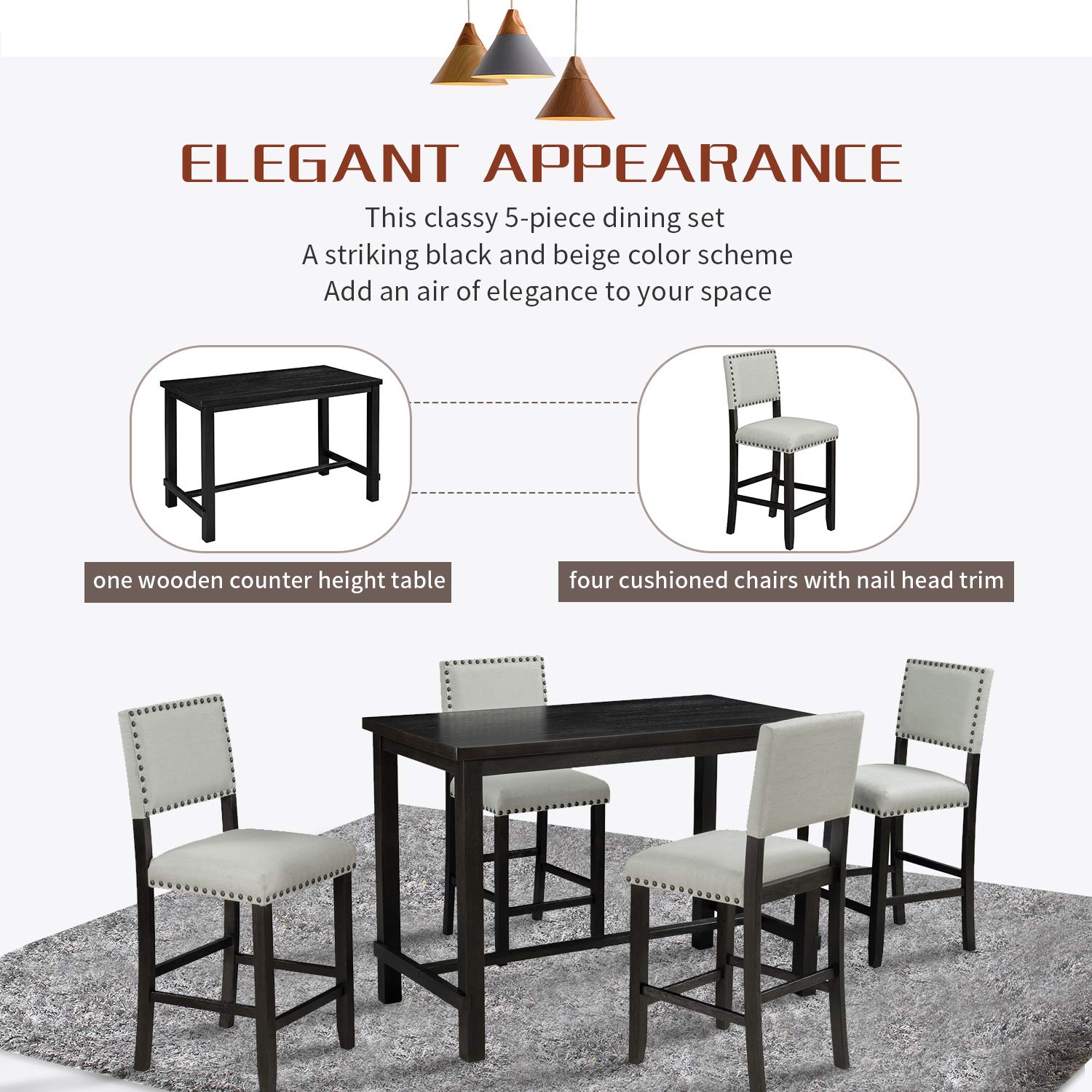 FRANSOUL Classic and Traditional Style 6 Piece Set, Rectangular Extendable Table,Desk, 4 Upholstered Dining Chairs,Bench,Kitchen Dinette,Diningroom,Guest Room, Home Bar,White+Gray