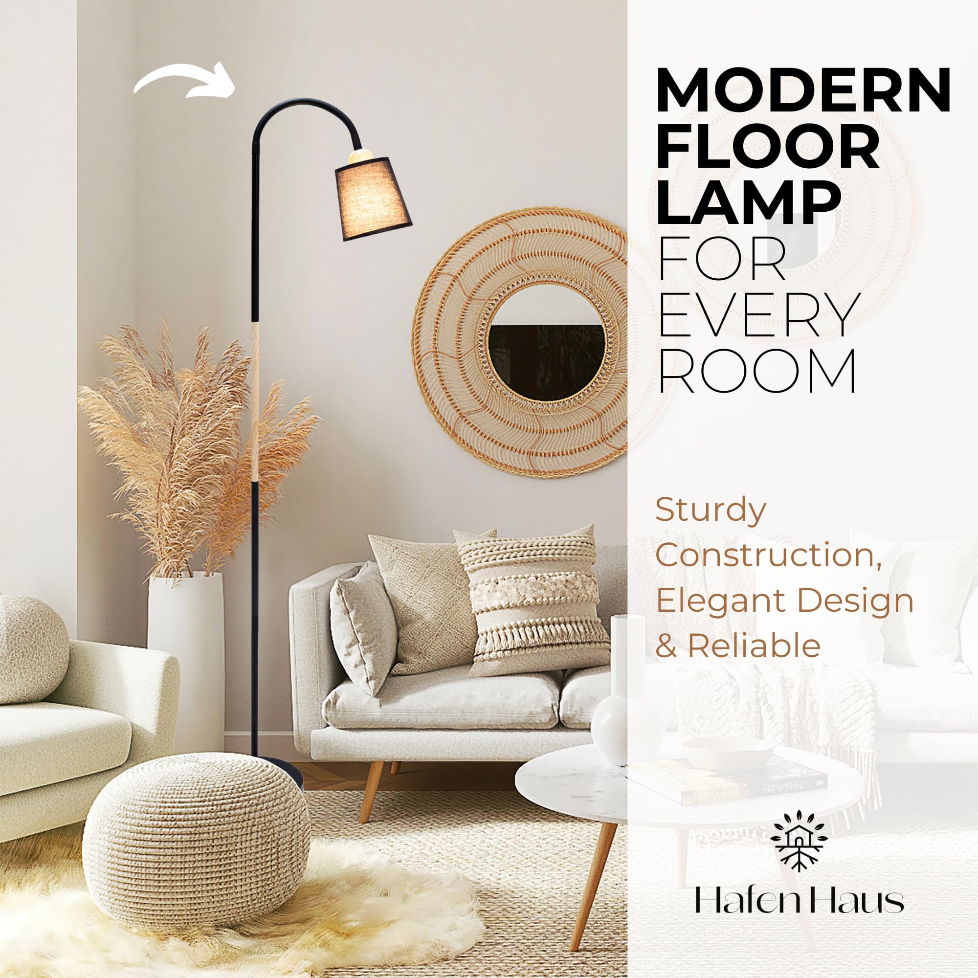 Hafen Haus Floor lamp for Living Room - Highly Functional - Perfect Tall Reading Light - Gooseneck Floor Lamp