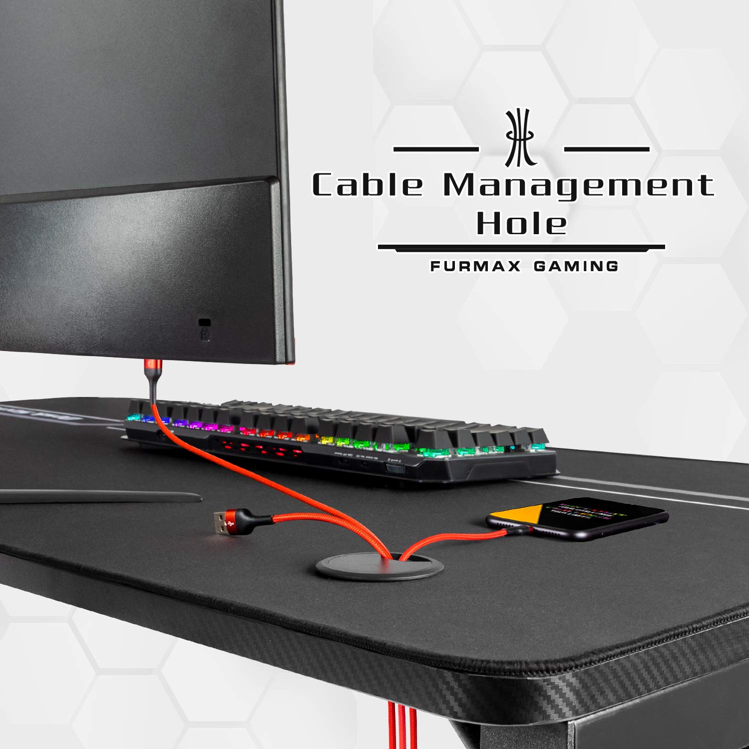 Furmax 44 Inch Gaming Desk T-Shaped PC Computer Table, Home Office Desk Carbon Fibre Surface Workstation with Free Full Coverage Mouse Pad, Cup Holder and Headphone Hook, Black
