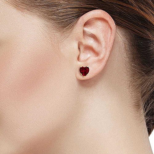 Gem Stone King 10K Yellow Gold Red Garnet Stud Earrings For Women (1.80 Cttw, Gemstone Birthstone, Heart Shape 6MM)