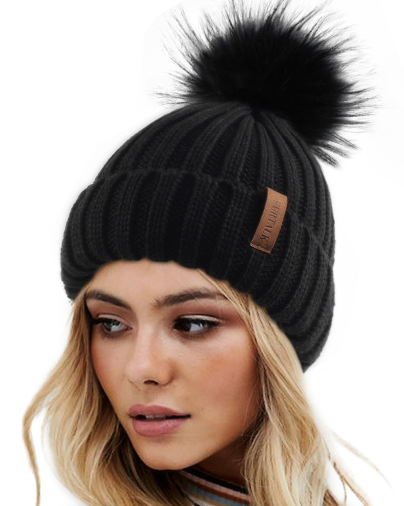 FURTALK Womens Winter Knitted Beanie Hat with Faux Fur Pom Warm Knit Skull Cap Beanie for Women…
