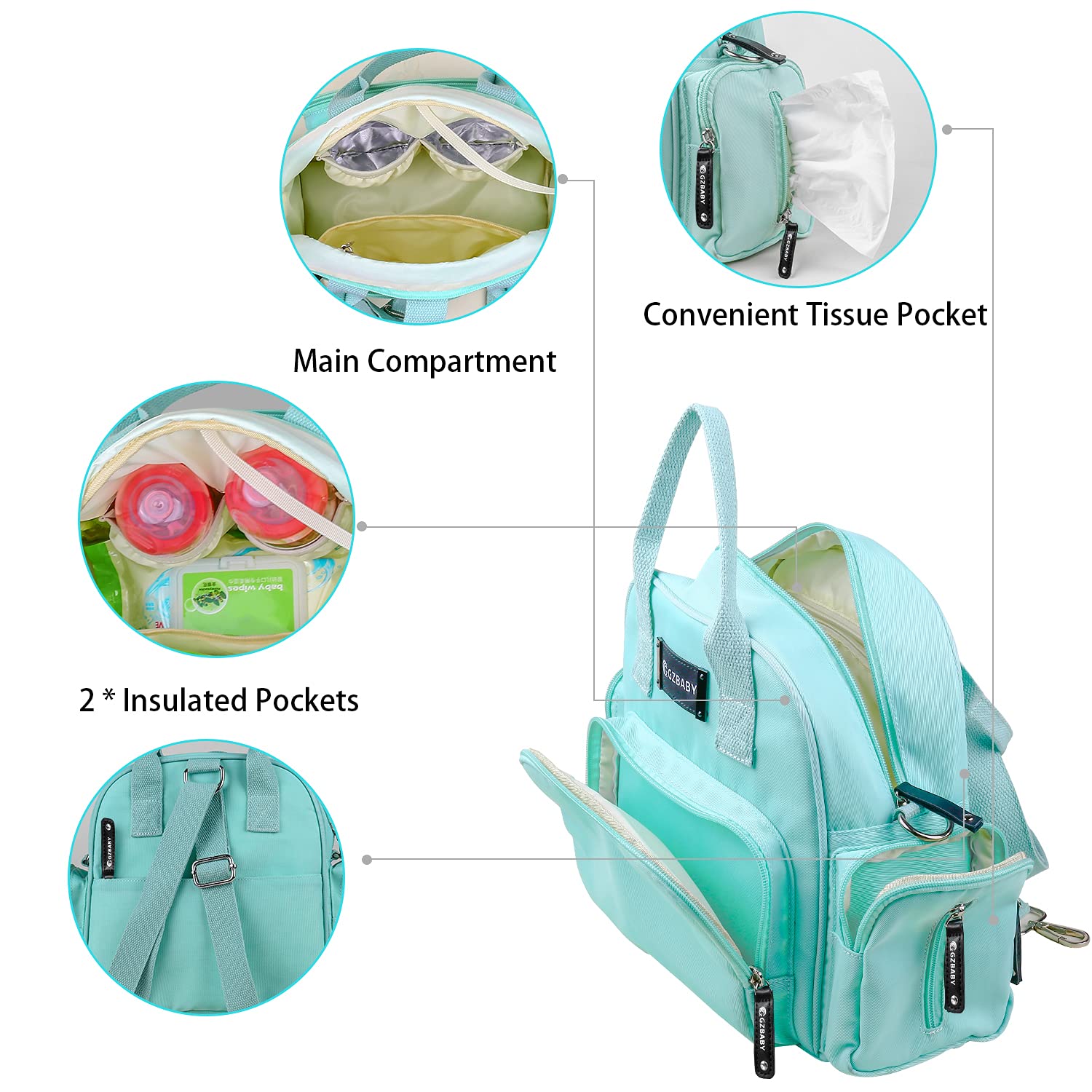 GZBABY Diaper Bag Waterproof Multifunctional Backpack Lightweight Handbag Small Nappy Bag,Newborn Gift for Mom(Green)