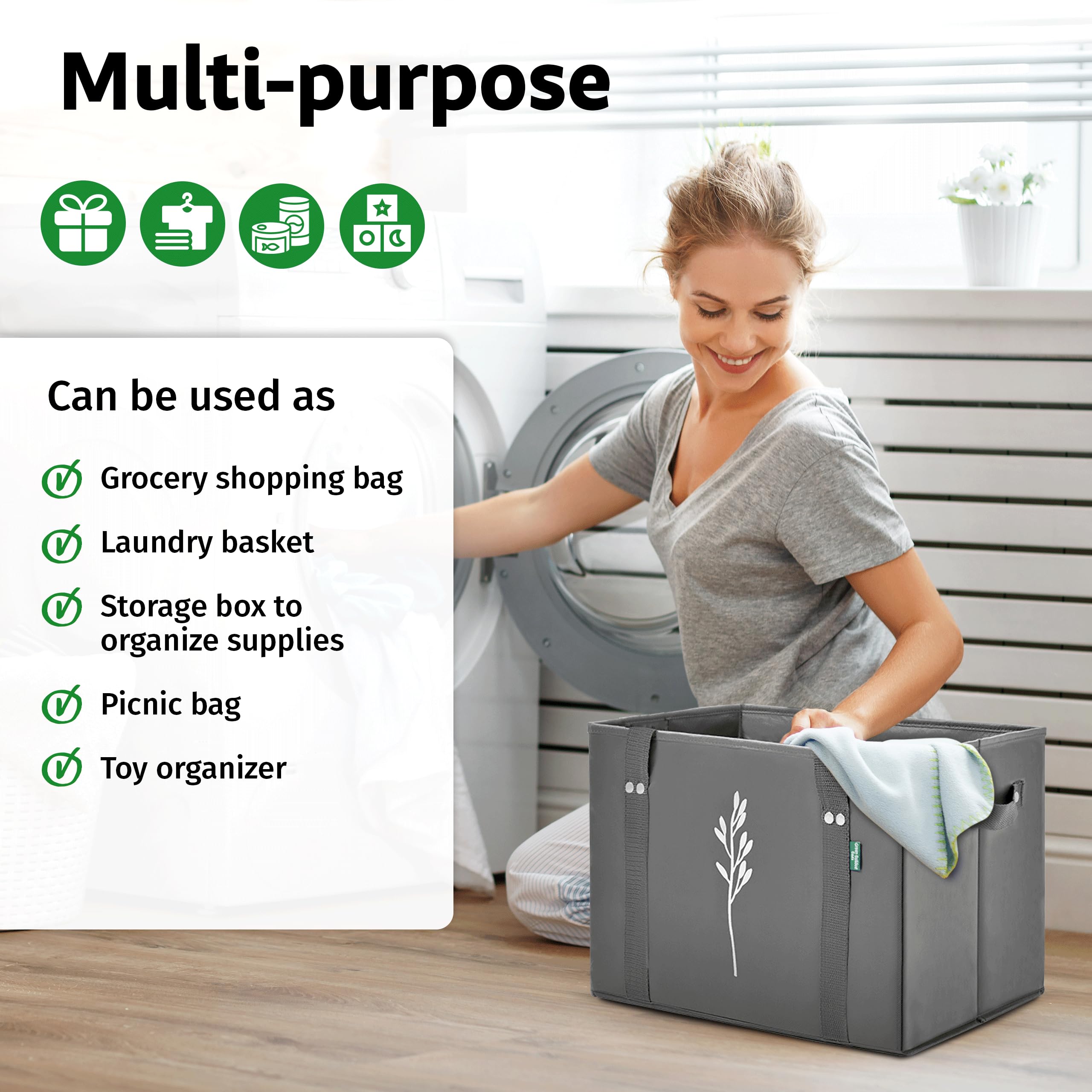 Green Bulldog Reusable Grocery Bags - Heavy Duty, Foldable, Space Saving Tote Shopping Bags - Box Bag w/Straps And Handles (Set of 3) - Gray