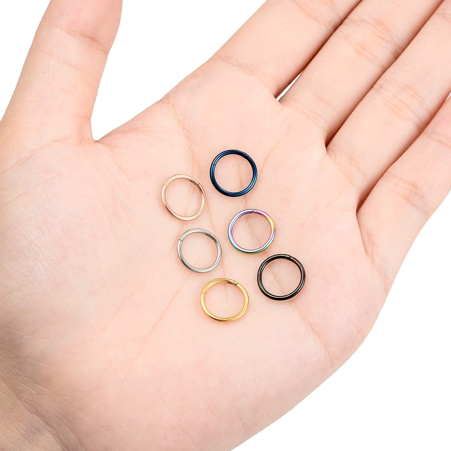 Generic 5Pcs Set 16G Nose Rings 316L Surgical Steel Hinged Segment Ring Septum Clicker Lip Nipple Rings Cartilage Rook Helix Conch Tragus Daith Earring Piercing Jewelry, Multicolor (EVBD0018-8mm)