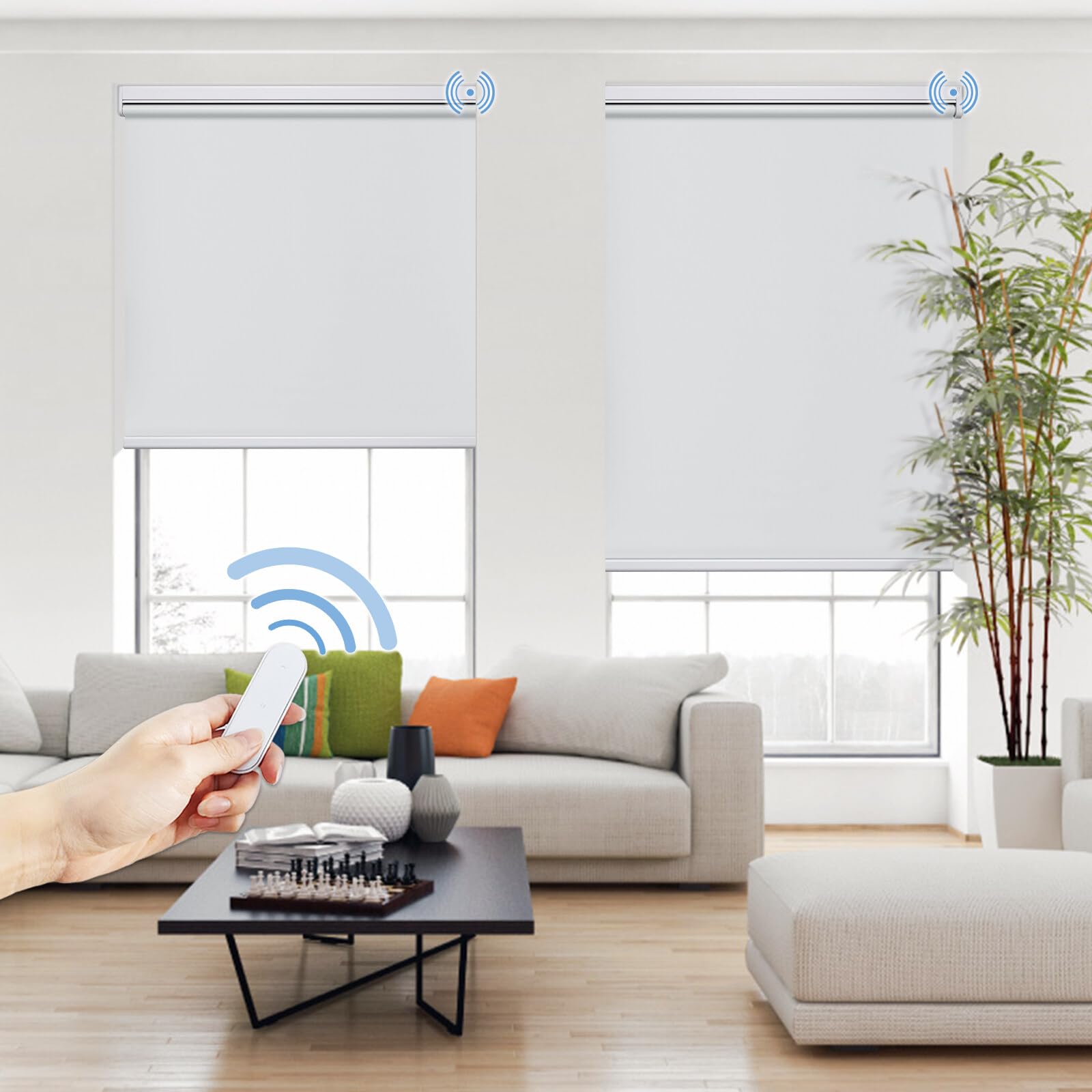 Grandekor Motorized Roller Shade with Remote Control,Motorized Blinds 100% Blackout Electric Shades, Cordless Window Blinds Shades for Bedroom Living Room Office,White,W35 xH72
