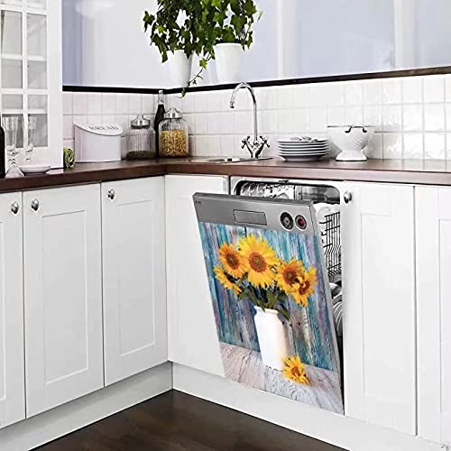Greture Sunflower White Vase Kitchen Decor Dishwasher Magnet Sticker, Restaurant Household Cabinet Decoration Refrigerator Washing Machine Cabinet Magnetic Wallpaper 23''x26''INCH