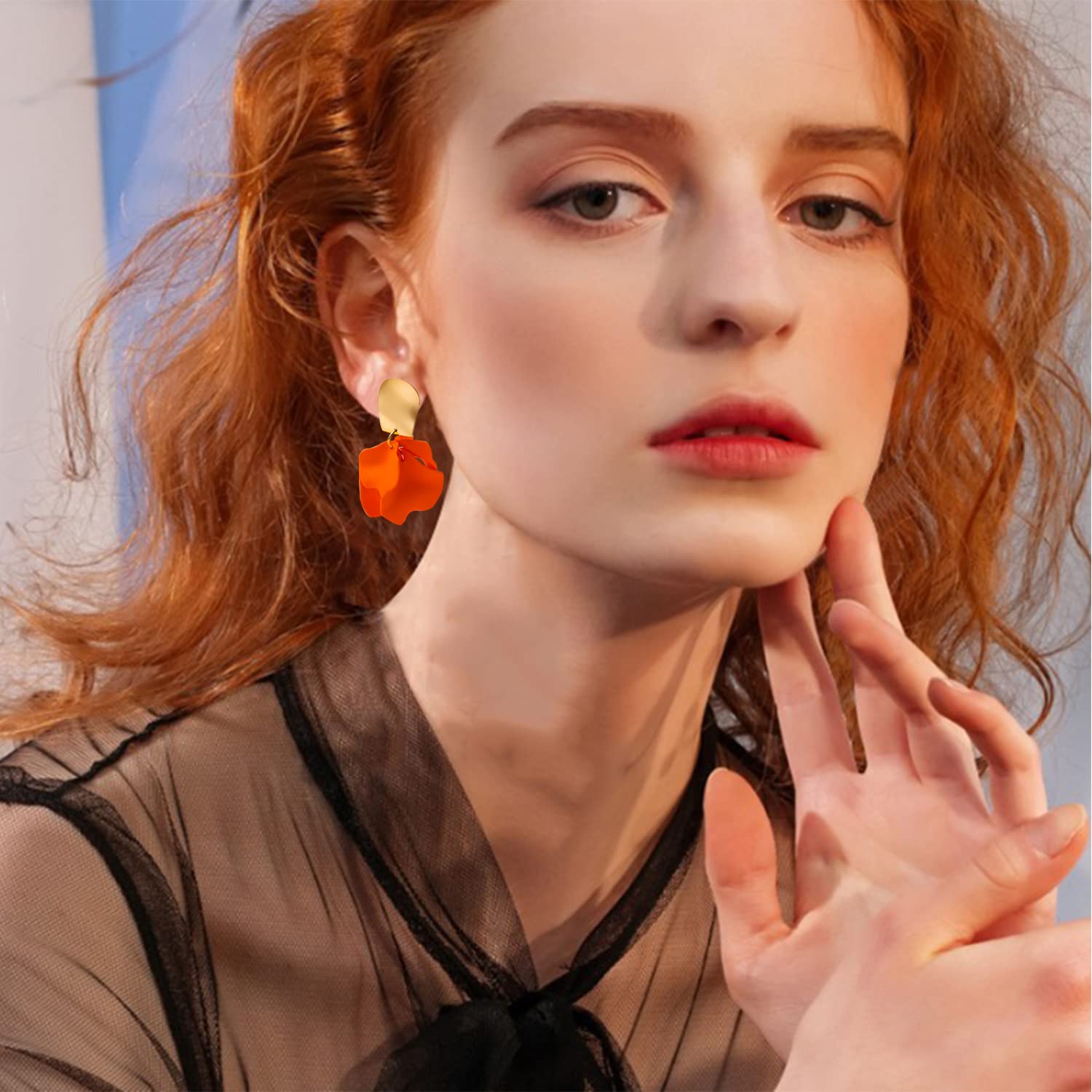 GUOXIAOMEI Chic Elegant Boho Red Rose Petal Dangle Resin Earrings Drop Acrylic Tiered Matte Flower Earrings Statement Exaggerated Floral Tassel Earrings for Women (Orange)