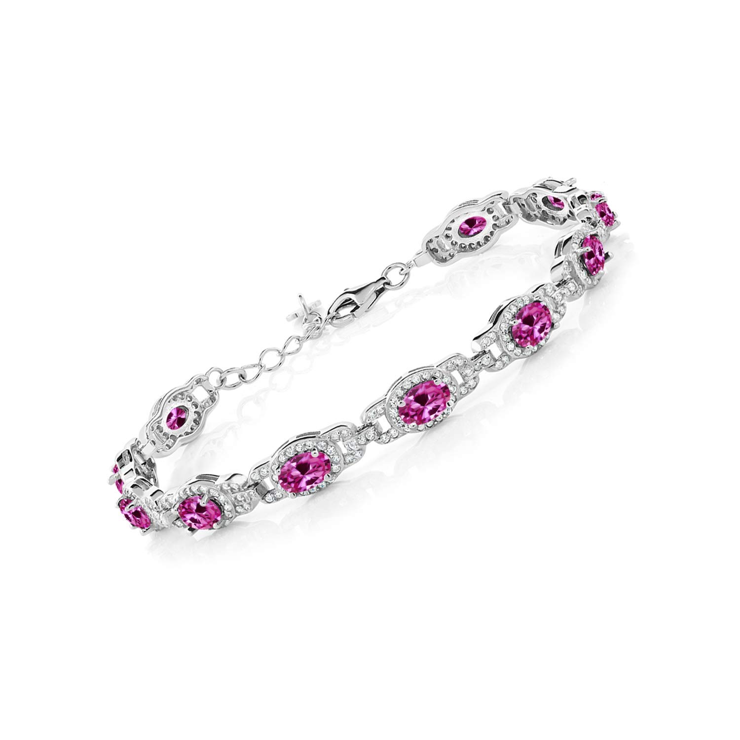 Gem Stone King 925 Sterling Silver Oval Pink Created Sapphire Tennis Bracelet For Women (9.10 Cttw, 7 Inch with 1 Inch Extender)