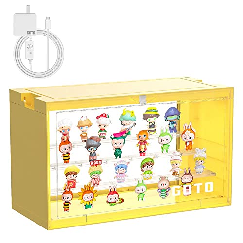 GOTO LED Lighting Display Storage Case, Dustproof Protection Display Box, Show Case for Action Figures, Pop Mart, Bearbrick Toys, Collectibles, Toys (1 Box with 3 Partitions and 1 Adapter, Yellow)