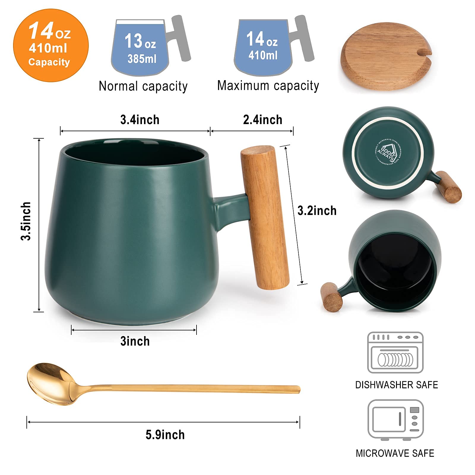GOOD ALWAYS Ceramic Coffee Mug, Tea Cup for Office and Home, 14 Oz Coffee Cup with Lid and Spoon, Valentines Day, Birthday Gifts, House Warming Presents for New Home, 1 Pack (Dark Green)