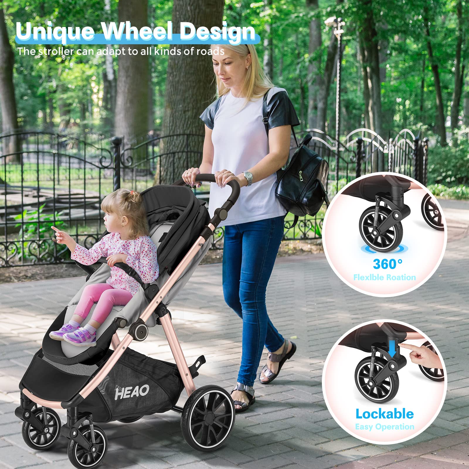 HEAO Baby Stroller Bassinet Carriage Combo 360 Rotation 4-in-1 Shock-Resistant High Landscape Pram Infant Stroller for Newborn and Toddler,Black