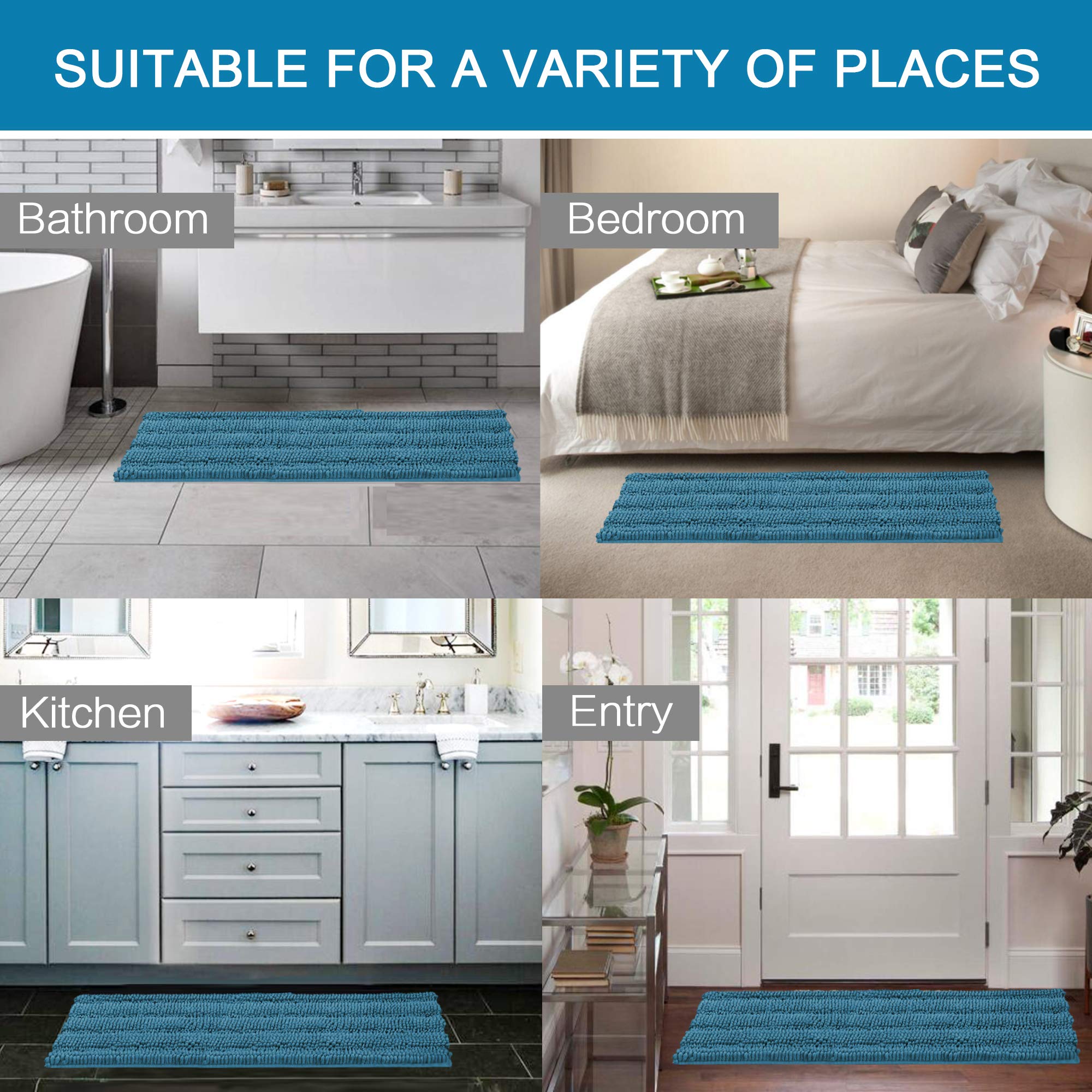 H.VERSAILTEX 2 Piece Bathroom Set Bathroom Rugs Bath Mats Sets Super Absorbent Chenille Striped Bath Mats Non Skid Machine Wash Dry Rugs for Bathroom Floor(Turquoise Blue, 47 x 17 Plus 17 x 24 Inches)