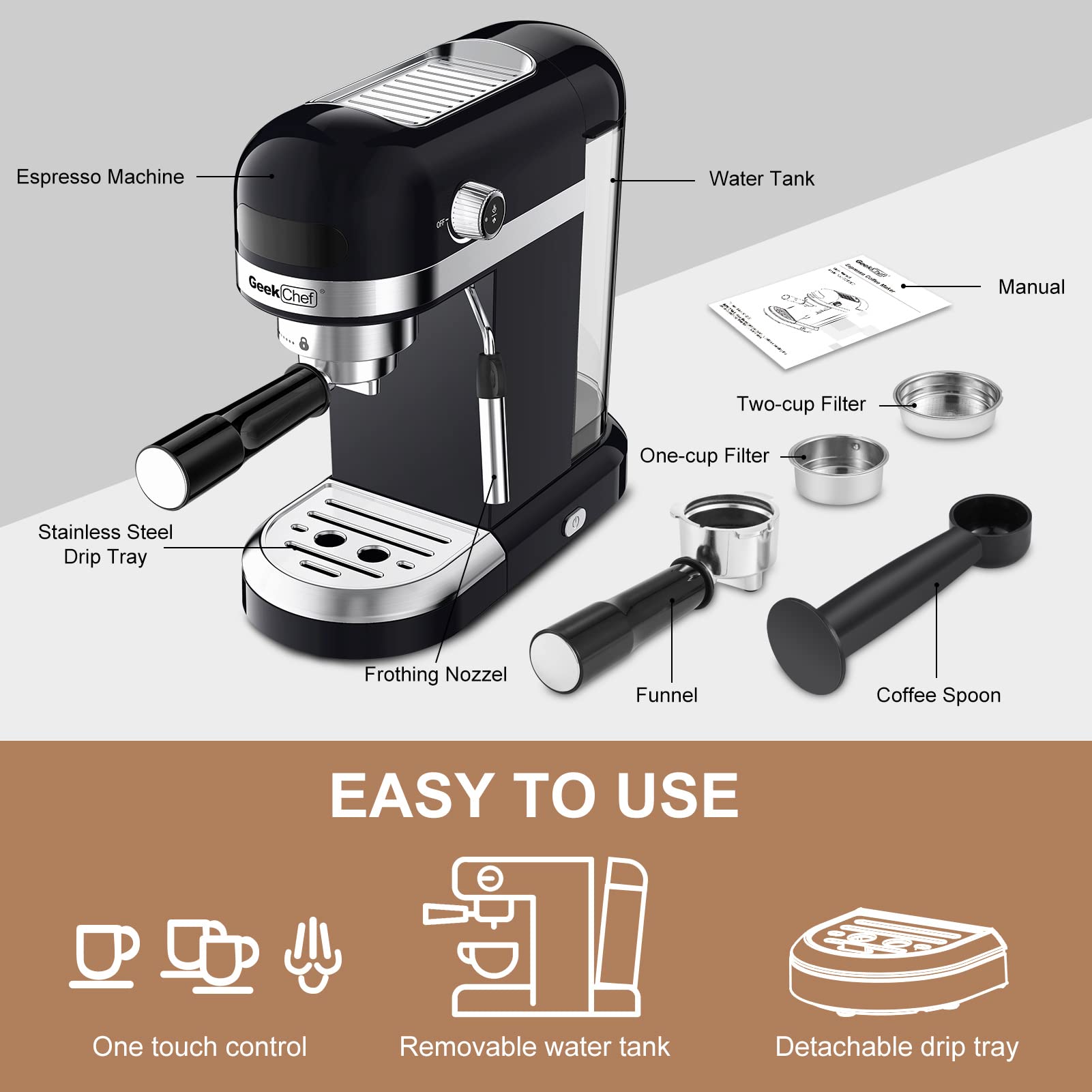 Geek Chef Espresso Machine, High Performance For Espresso, Cappuccino, Latte, Machiato, Semi-Automatic Coffee Maker