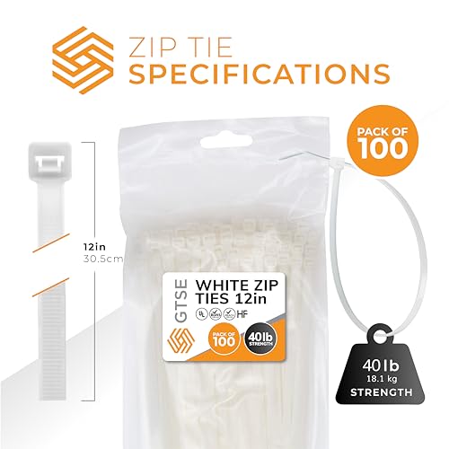 GTSE 12 Inch White/Clear Zip Ties, 100 Pack, 40lb Strength, UV Resistant Long Nylon Cable Ties, Self-Locking 12" Tie Wraps