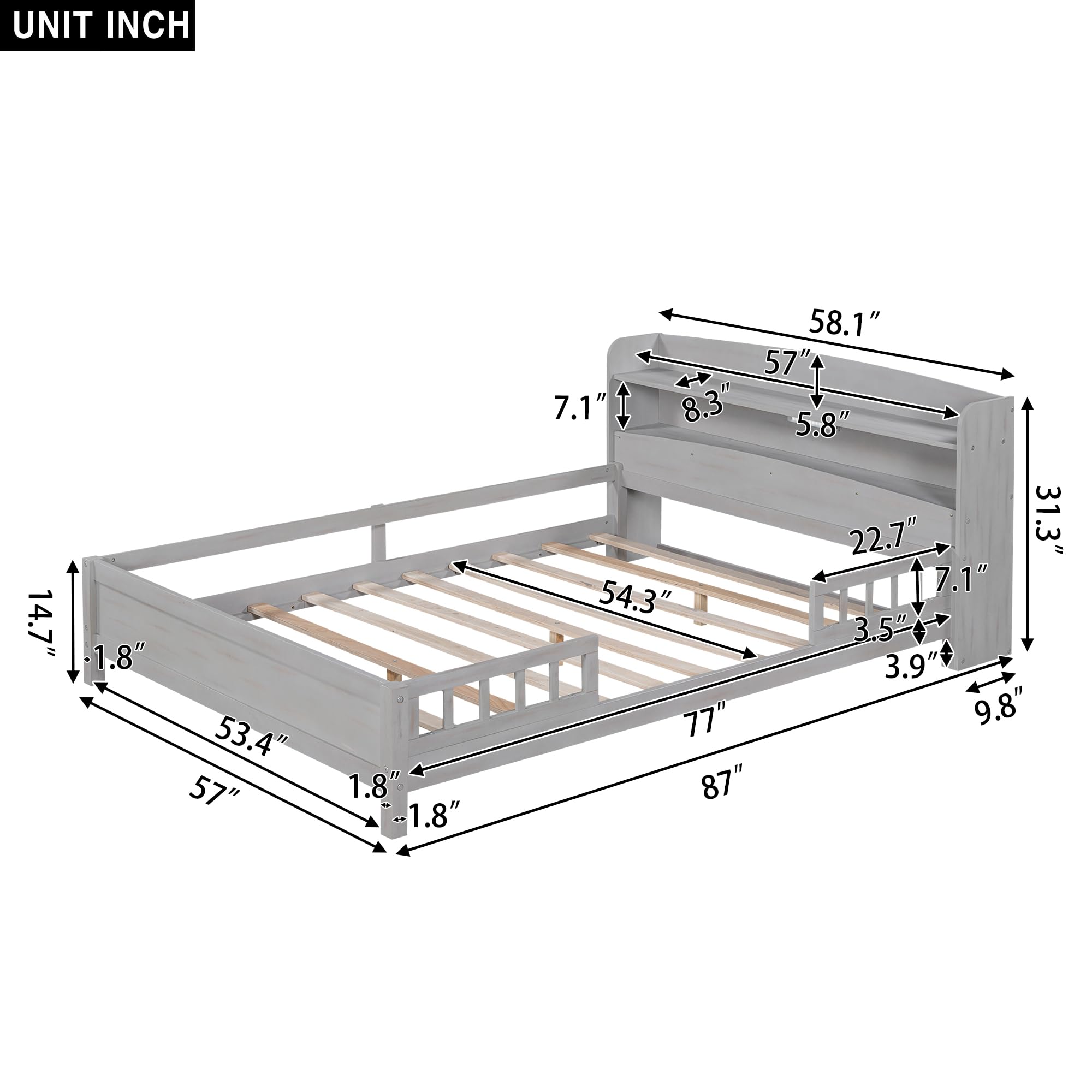 GJHOME Full Size Platform Bed with Built-in LED Light, Storage Headboard and Guardrail, Antique Grey for Kids and Adult Bedroom