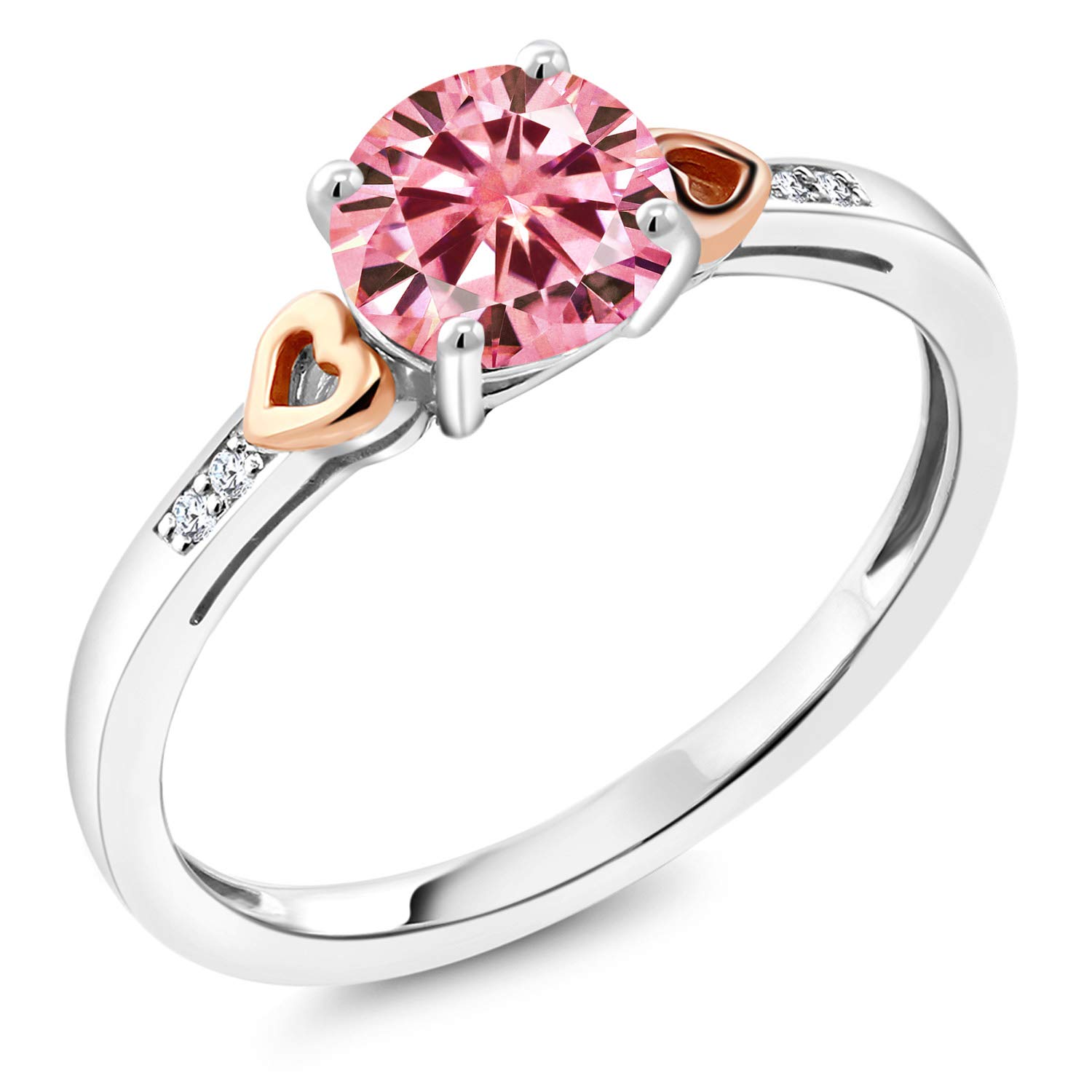 Gem Stone King 925 Silver and 10K Rose Gold Pink Moissanite and White Diamond Solitaire Engagement Ring For Women (1.03 Cttw, Round 6.5MM, Gemstone Birthstone, Size 6)