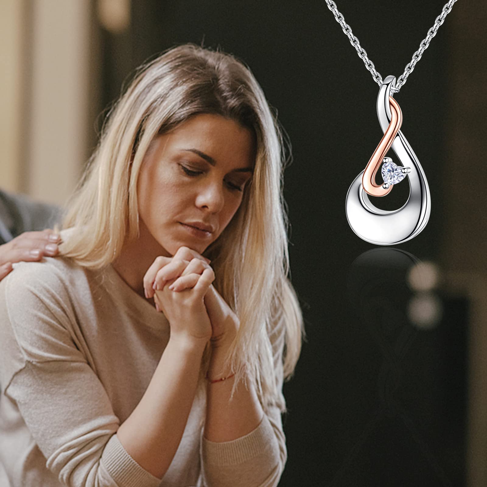 Hioed 925 Sterling Silver Cremation Jewelry for Ashes Teardrop Urn Necklace for Ashes with Heart-Shape CZ Memorial Keepsakes Pendant Necklace for Women(White-April)
