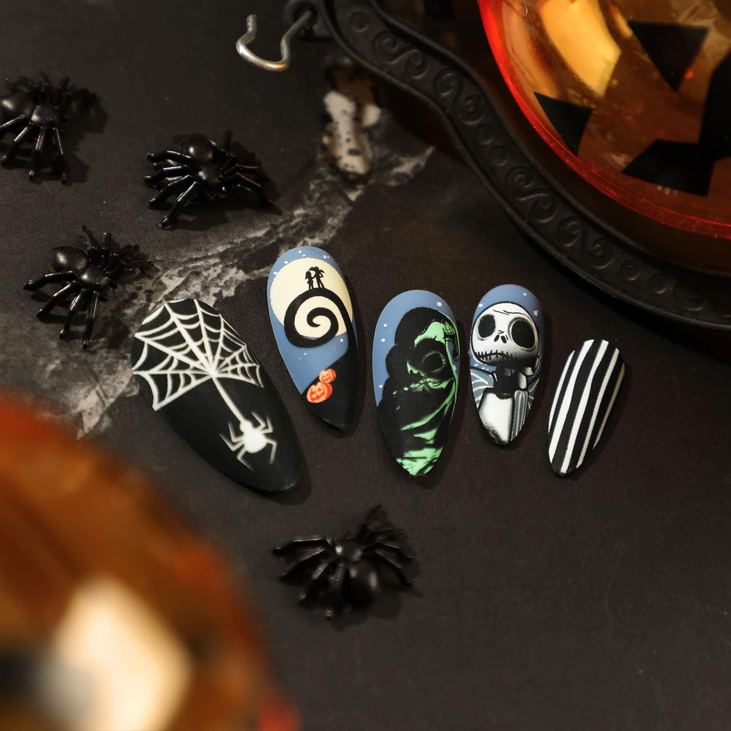 Halloween Press on nails Almond Medium Matte Fake Nails Nightmare Before Christmas Nails Full Cover False Nails with Spider Pumpkin Spider Web Designs Acrylic Glue on Nails for Women 24Pcs