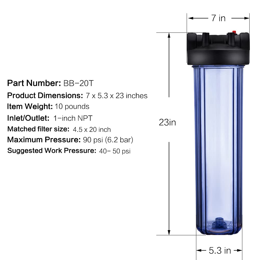 Geekpure 20 Inch Clear Whole House Water Filter Housing with Wrench Bracket -4.5" x 20" - 1" NPT Brass Port (3)