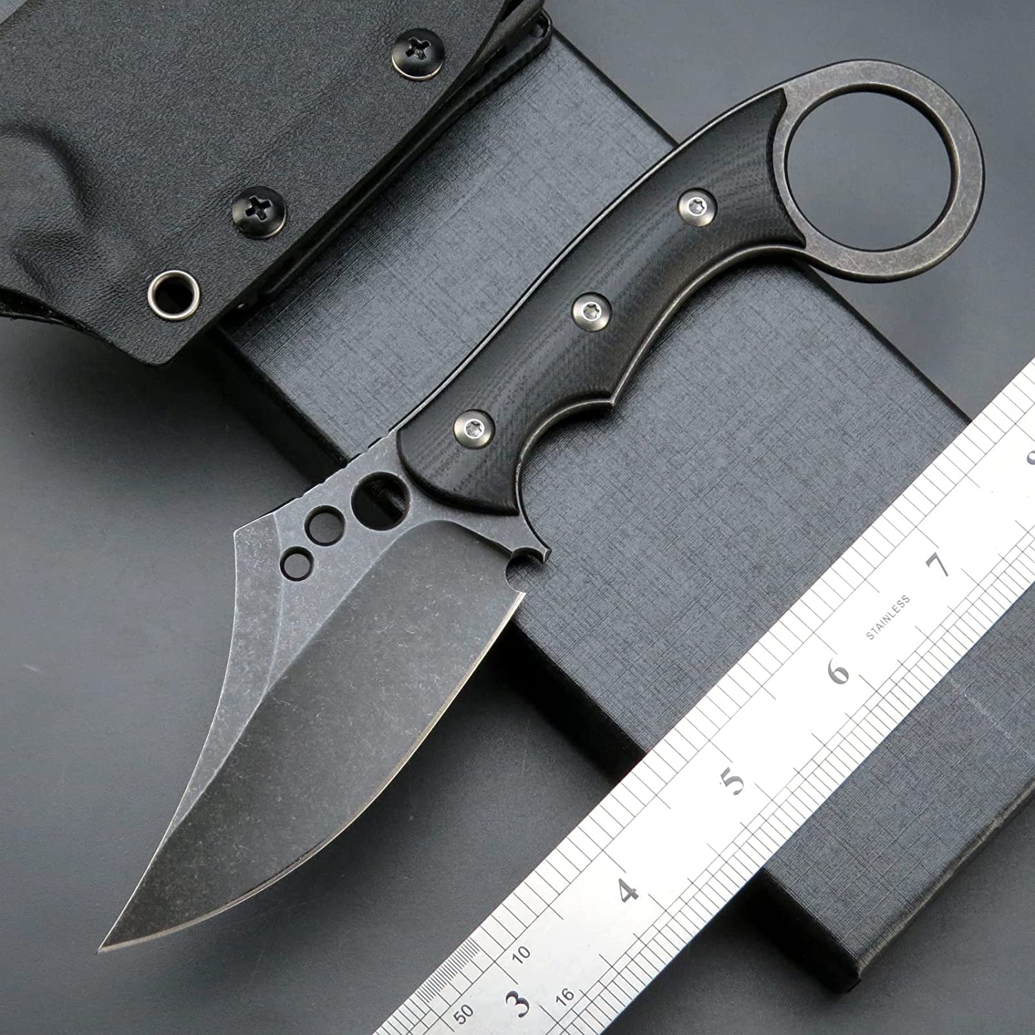 Gtkii GTK116 Fixed Blade Knife,D2 Steel Blade,Micarta Handle Scales Outdoor Survival Camping Fishing Claw Knife with Kydex Sheaths(black)
