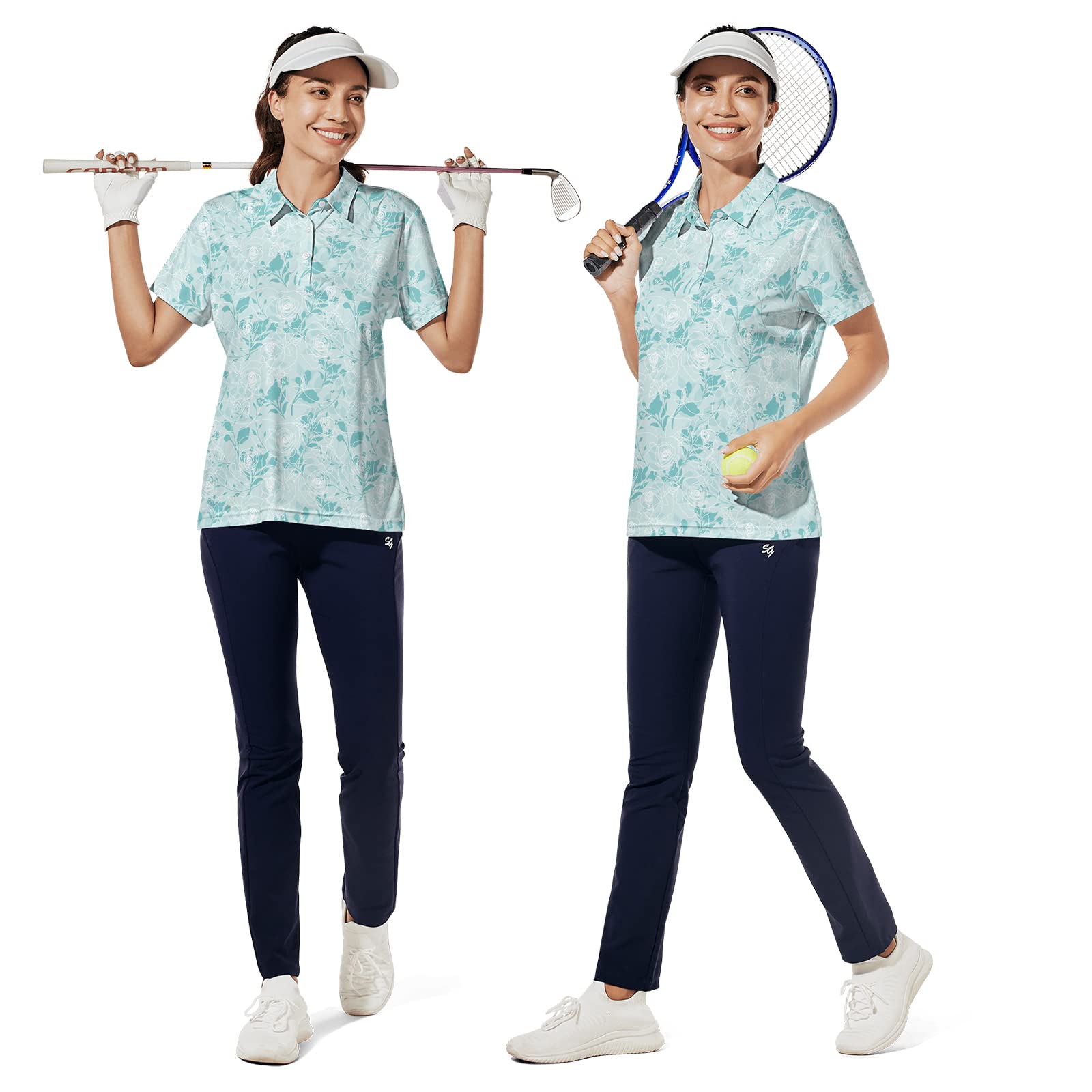 Hispotim Women's Short Sleeve Polo Shirt Lightweight Printed Golf Shirts Quick Dry Workout Golf Polo Shirts (Blue Flowers,XL)