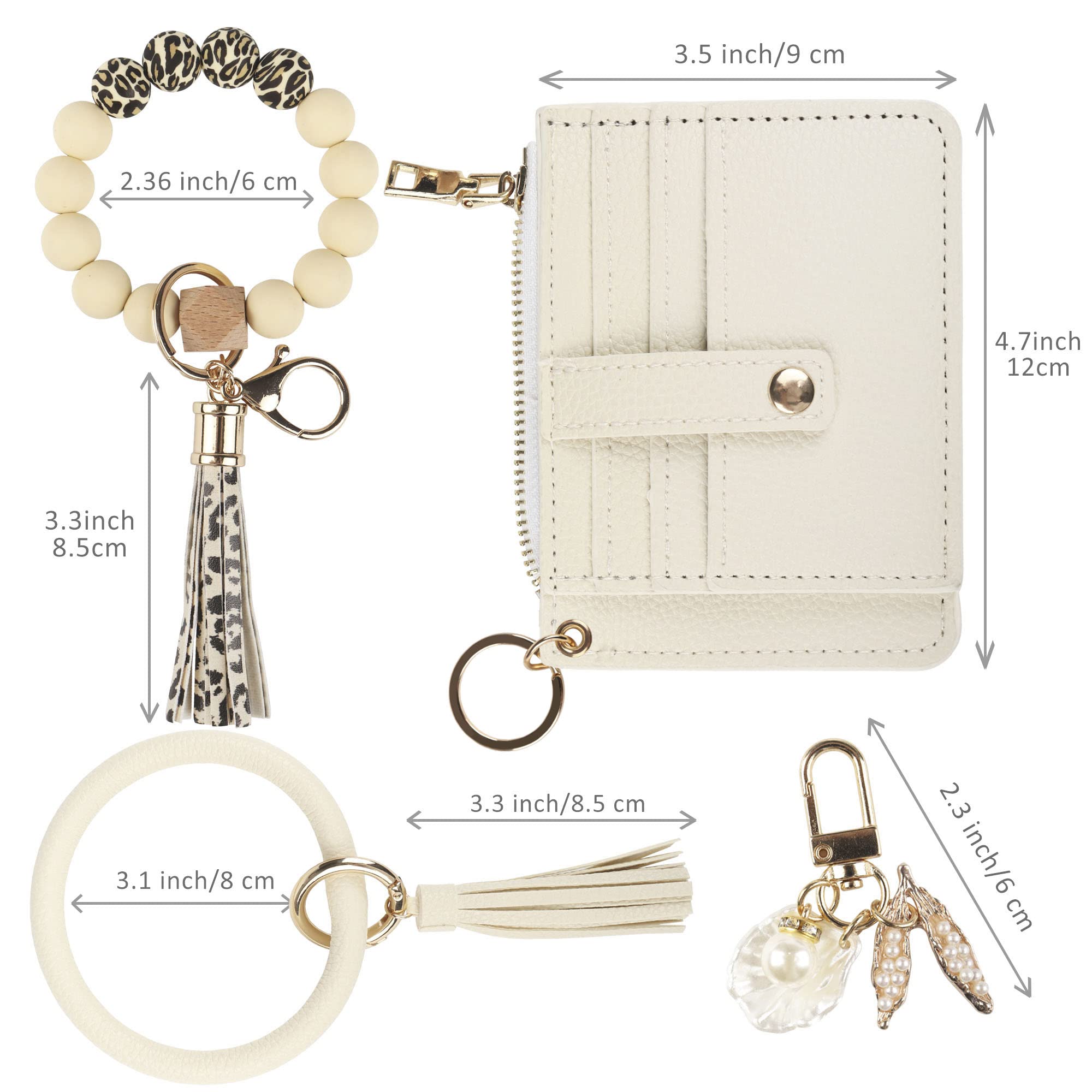 Guran Silicone Beaded Key Ring Bracelet Wallet with Card Holder, Purse Tassel Elastic Keychain Wristlet, Keyring Bangle for Womens (White)