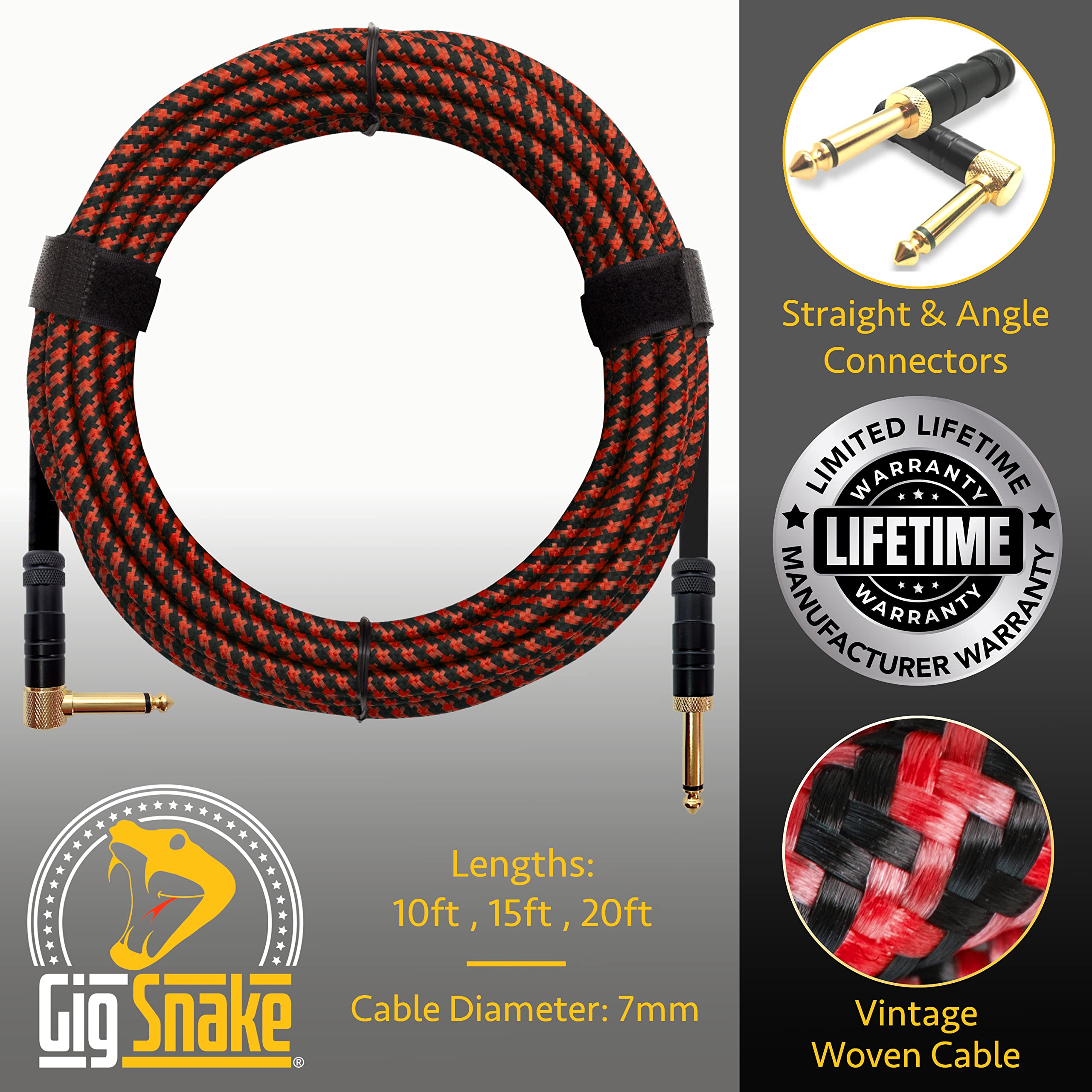 Guitar Cable 10 ft - 1/4 Inch Right Angle Red Instrument Cable - Professional Quality Electric Guitar Cord and Amp Cable - Low Noise Bass and Guitar Lead - Reliable Cords for a Clean Clear Tone