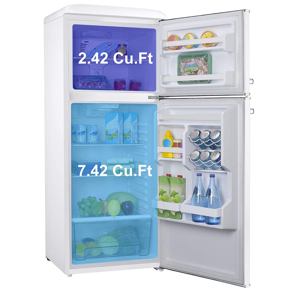 Galanz GLR10TWEEFR Retro Refrigerator with Top Freezer Frost Free, Dual Door Fridge, Adjustable Electrical Thermostat Control, 10 cu ft, White