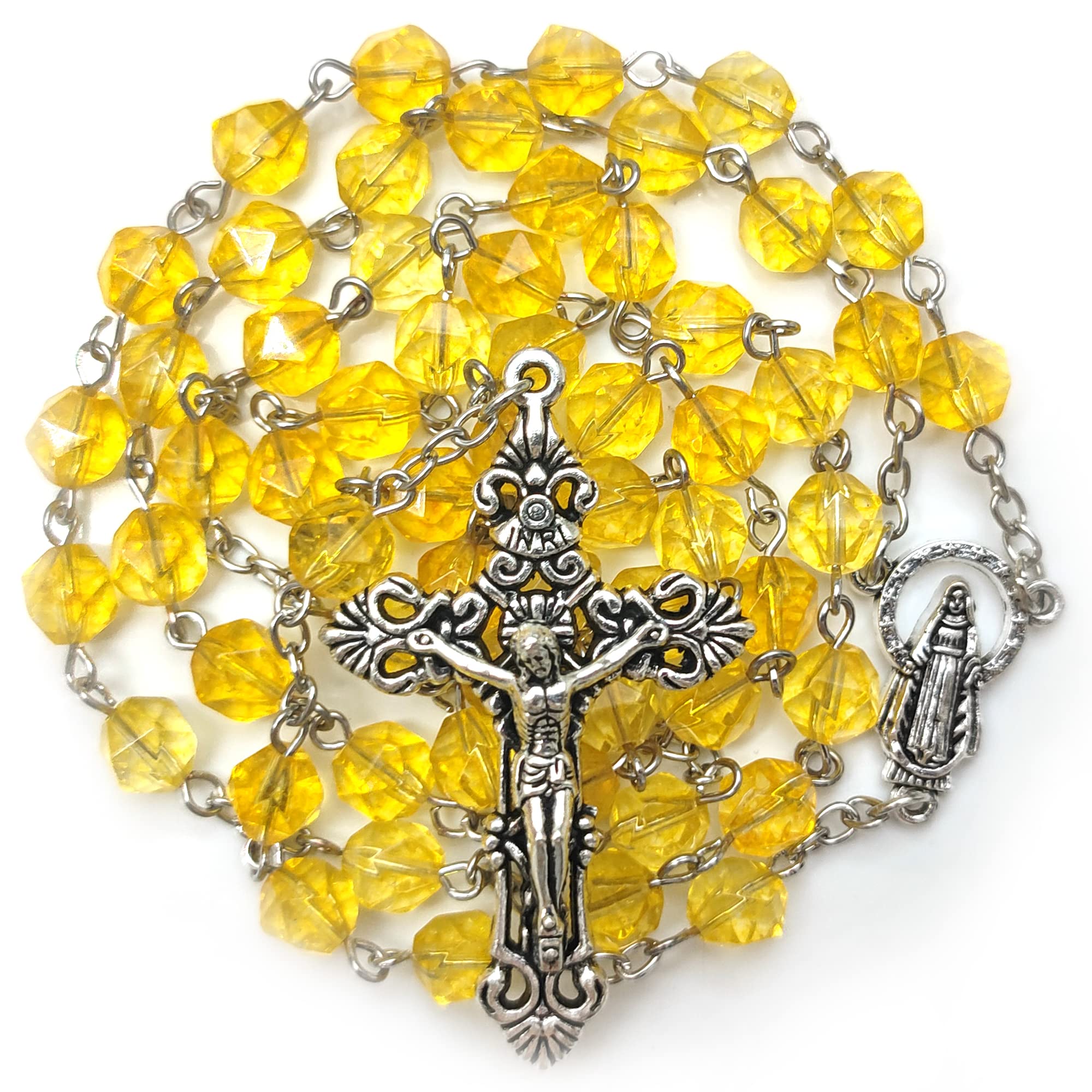 GeekTenet Rosary Beads Chaplet Yellow Rhombus Natural Crystal Rosery Cross Catholic gifts (Yellow)