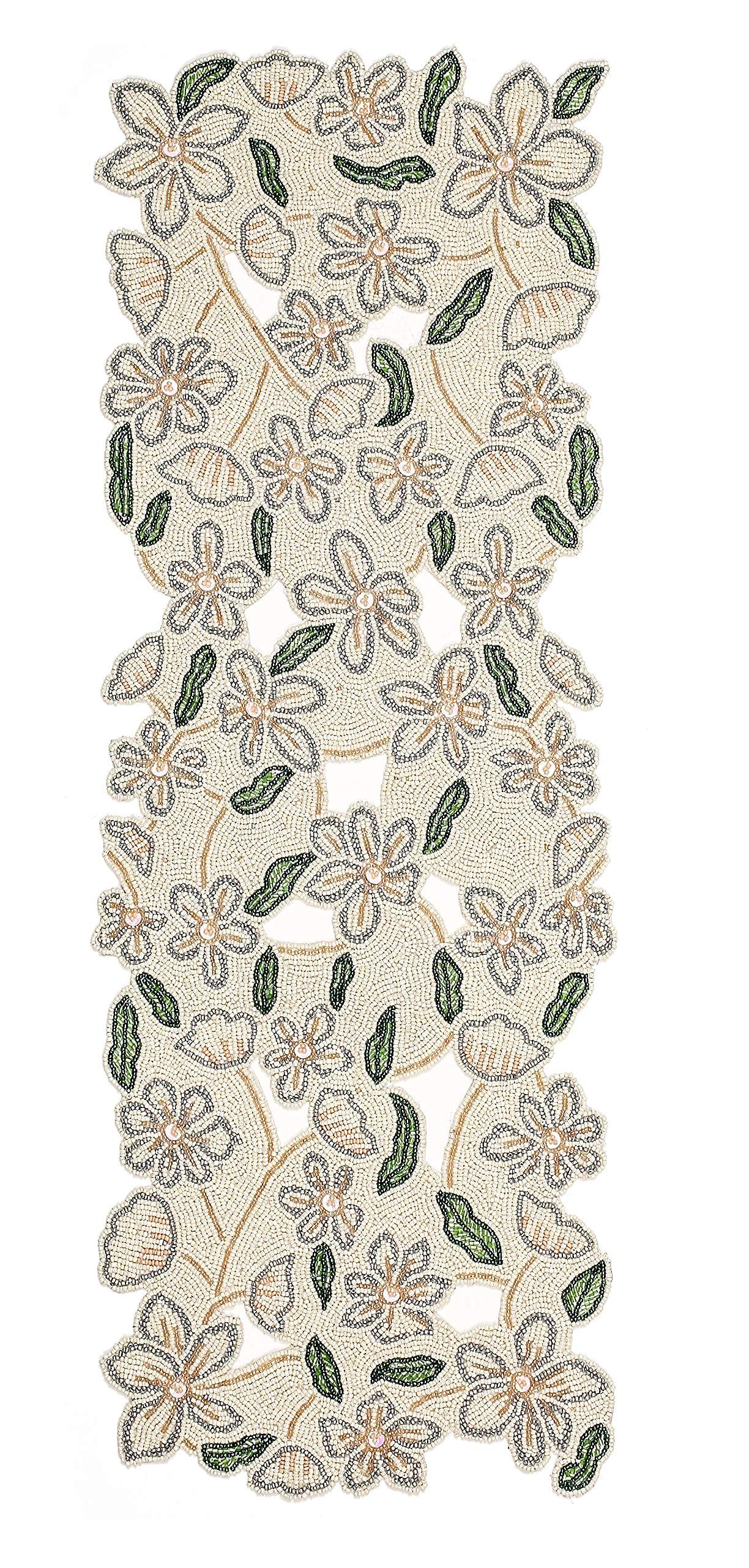 Handmade Fancy Scrolled Embroidery Beaded Table Runner for Tabletop and Kitchen - Home Decor Mat for Wedding Party Baby Shower Holiday Family Gathering - White/Green/Charcoal