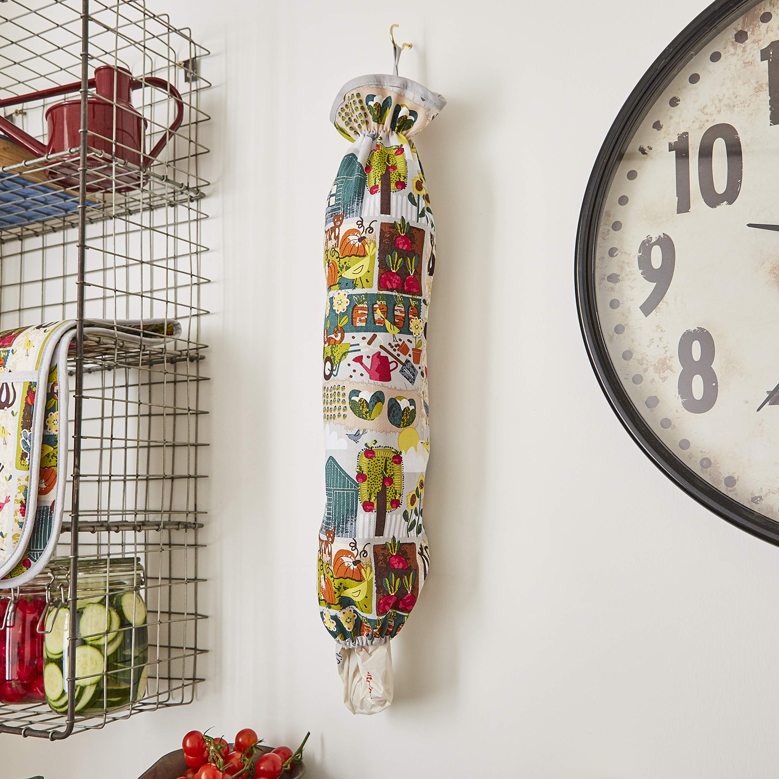 Grocery Plastic Bag Holder Dispenser with Decorative Print on Fabric | Storage Saver Cloth Sacks to Recycle and Reuse Plastic Bags | Set of 2 Hanging Grocery Bag Keeper