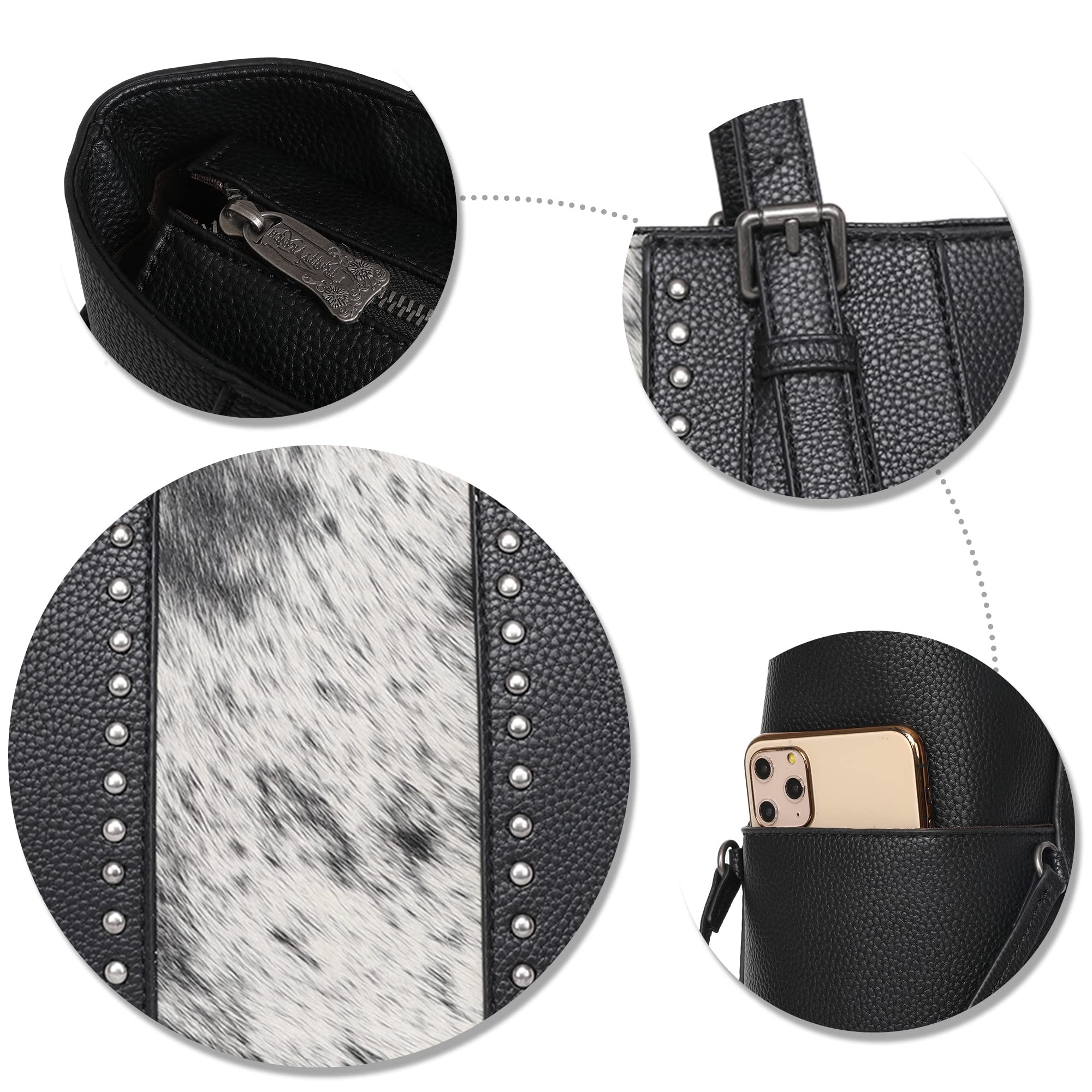 Hair on Hide Leather Large Totes Women's Purses and Handbags Concealed Carry Shoulder Purse with Studs Black Handbag TR132G-8317BK