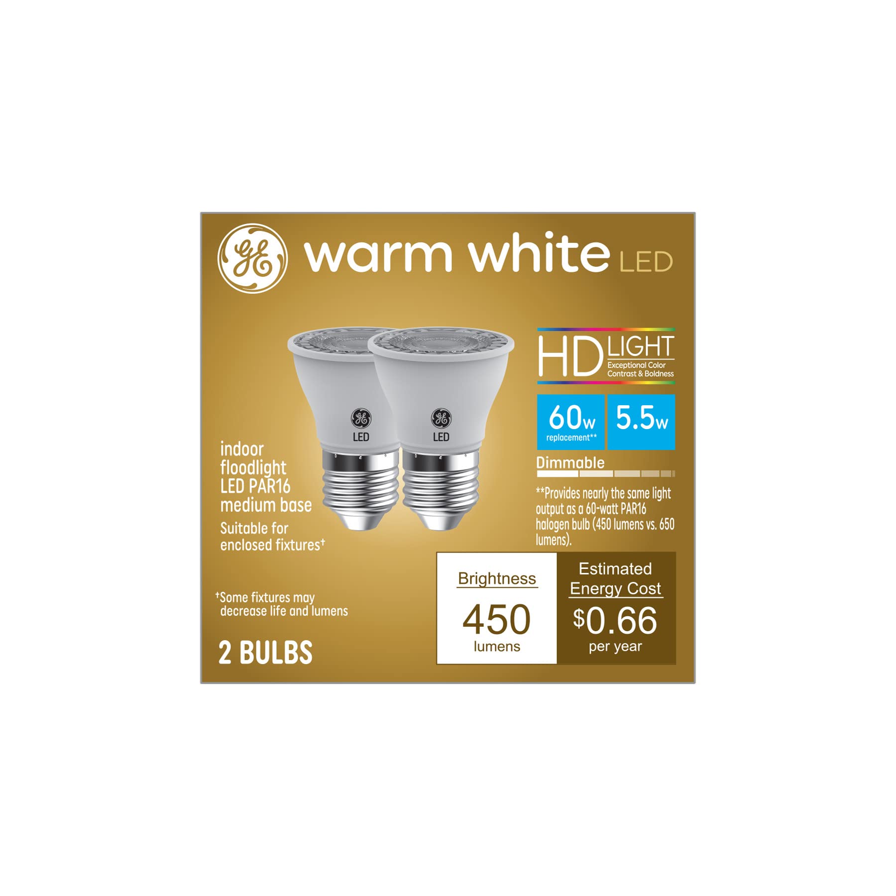 GE Lighting PAR16 Indoor Floodlight LED Light Bulb, 60-Watt Replacement, Warm White (2-Pack)