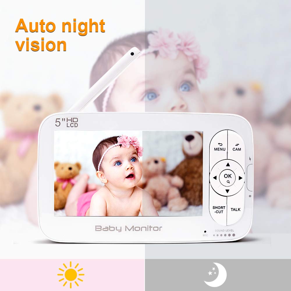 Ginkko Baby Monitor, 5" HD LCD,720P HD Digtal Color Video,Support 4 Camera with 110° Wide Angle,1000ft Range,Night Vision,Sound Detection,Temperature Alarm,Two-Way Audio,Sleep Mode,Feeding