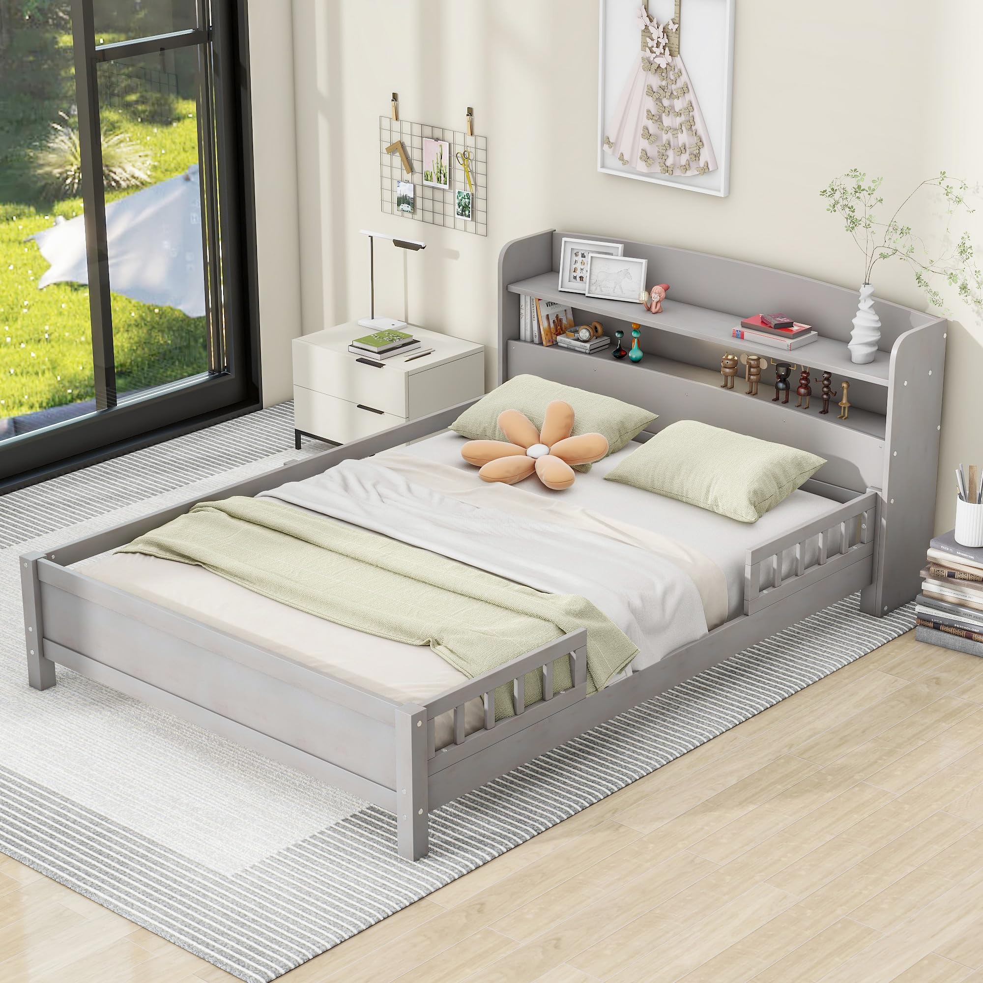 GJHOME Full Size Platform Bed with Built-in LED Light, Storage Headboard and Guardrail, Antique Grey for Kids and Adult Bedroom
