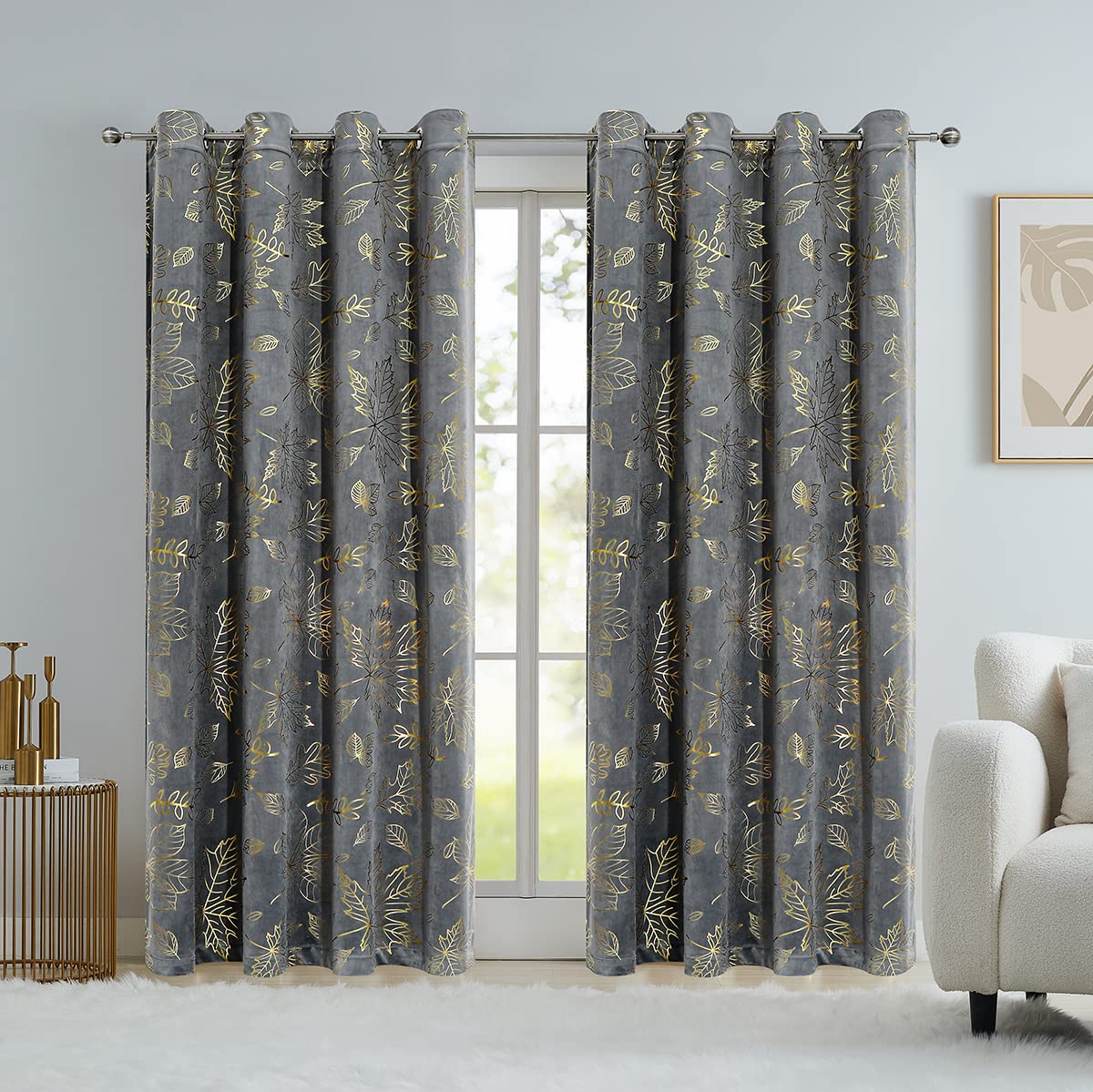Grey Darkening Curtains 63 Inch Length for Living Room Bedroom, Leaf Pattern Metallic Printed Window Ttreatment, Grommet Top Thermal Insulated Drapes 52" W 2 Panels