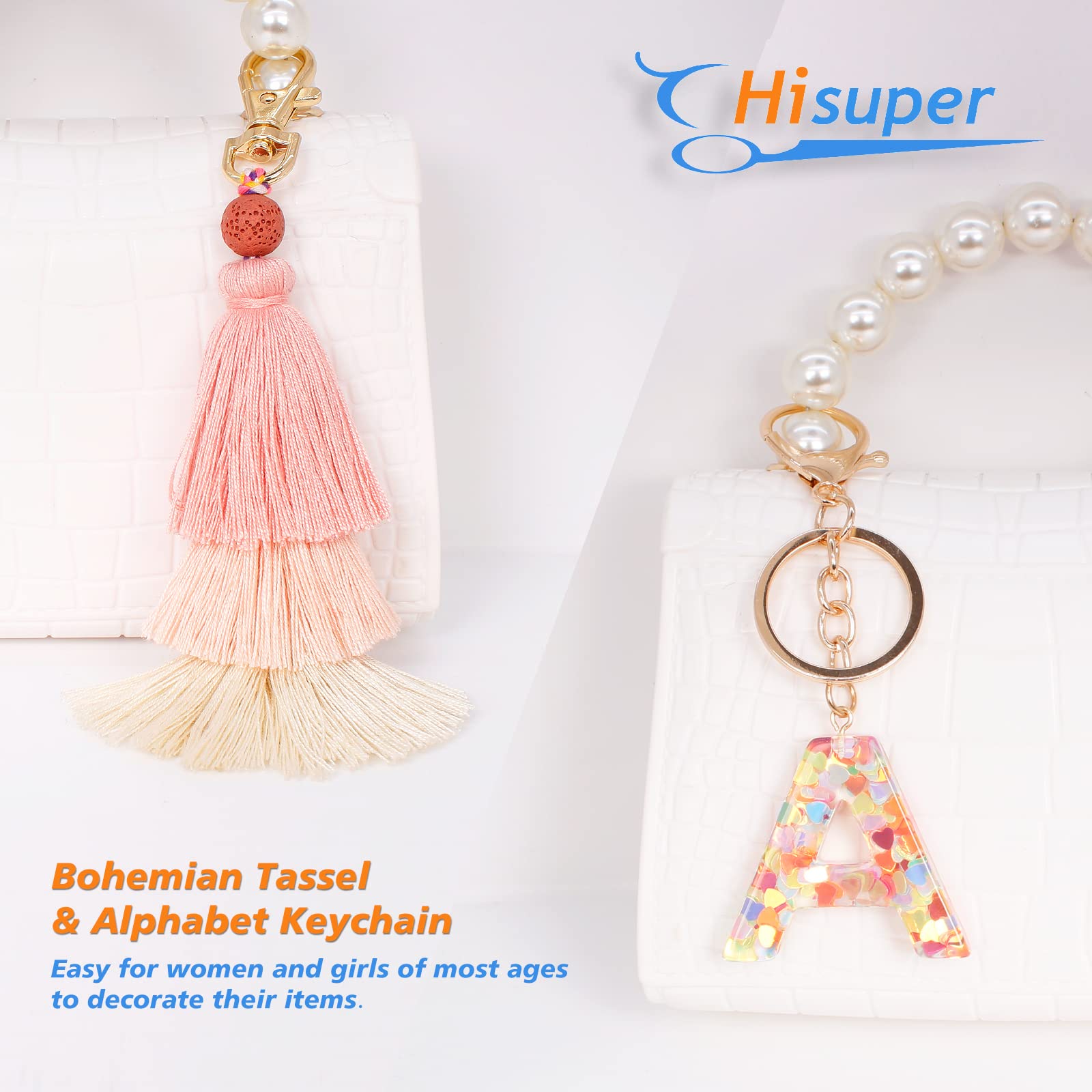 Hisuper Boho Keychains Pom Pom Tassel Macrame Keyring Alphabet Initial Letter M Keychain Pendant Car Key Ring for Purse Handbags Women Girl