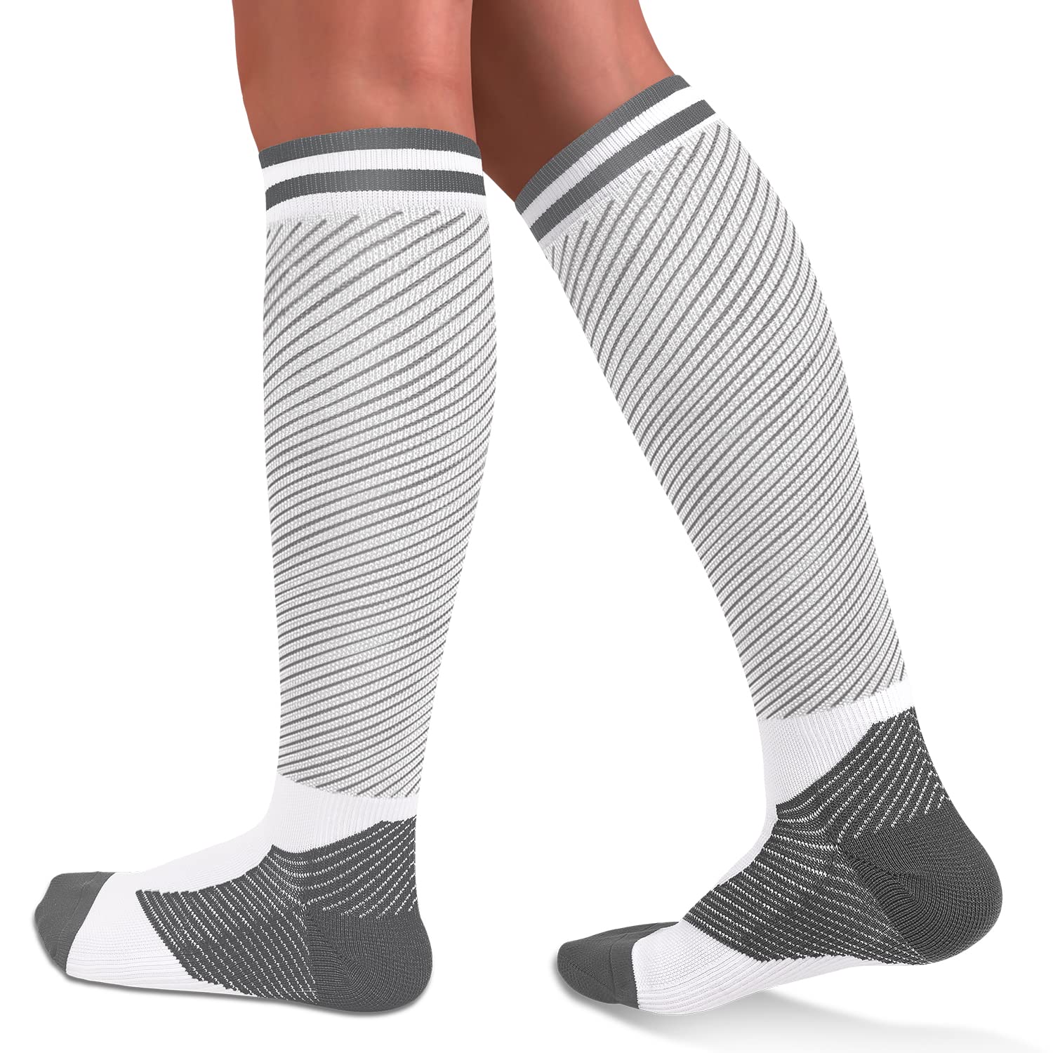 Graduated Compression Socks for Women and Men 30-40mmHg Circulation-High Support Knee High Socks Running Hiking(White Grey,Large/X-Large)
