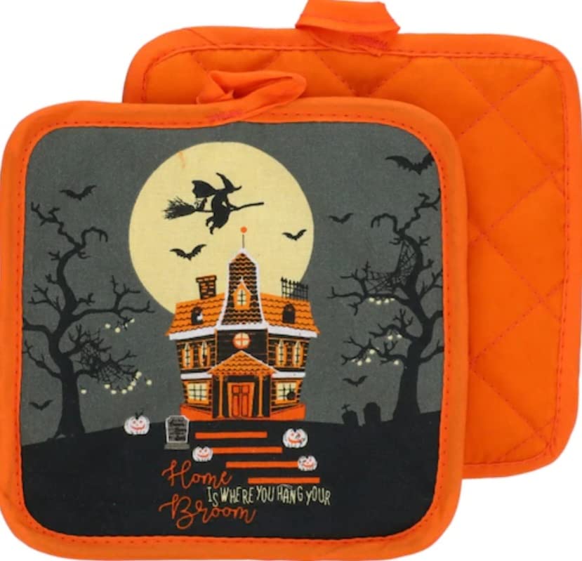 Greenbrier International Halloween 5 Piece Kitchen Linen Set Home is Where You Hang Your Broom, Orange, Black, Yellow, Printed