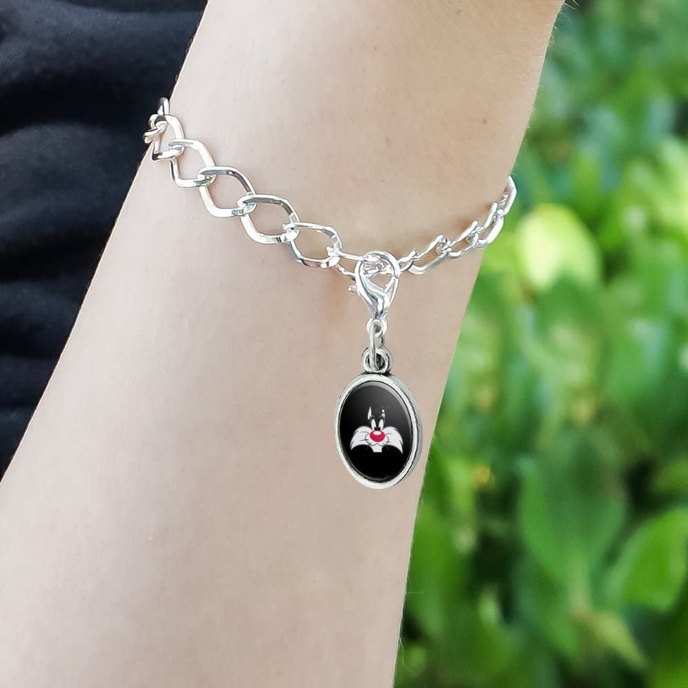 GRAPHICS & MORE Looney Tunes Sylvester Face Antiqued Bracelet Pendant Zipper Pull Oval Charm with Lobster Clasp