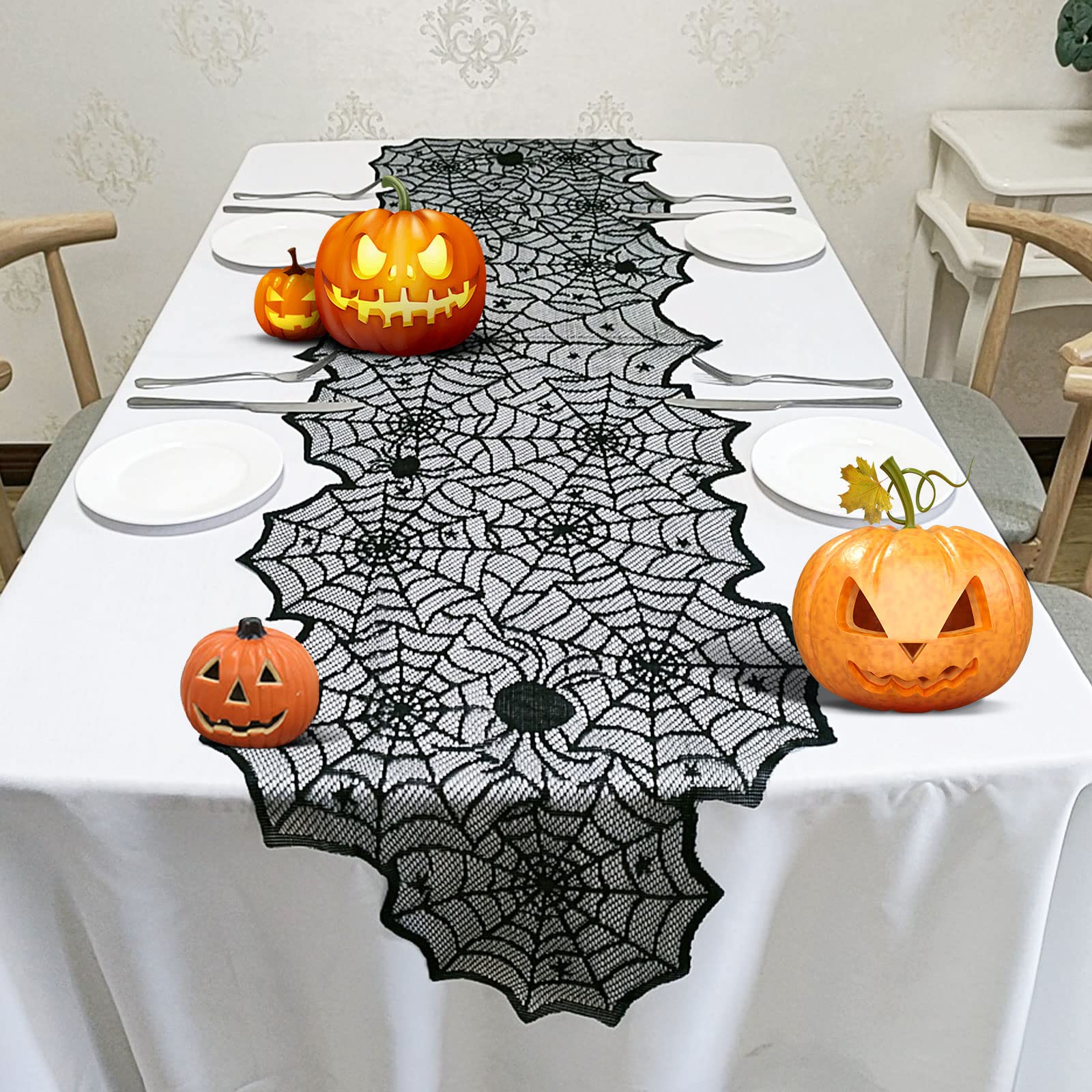 Halloween Table Runner - Black Lace Spider Web Table Runners for Halloween Decor,Vivid Polyester Spider Web Tablecloth for Halloween Masquerade Party Dinner Table Decoration 18 X 72 Inch